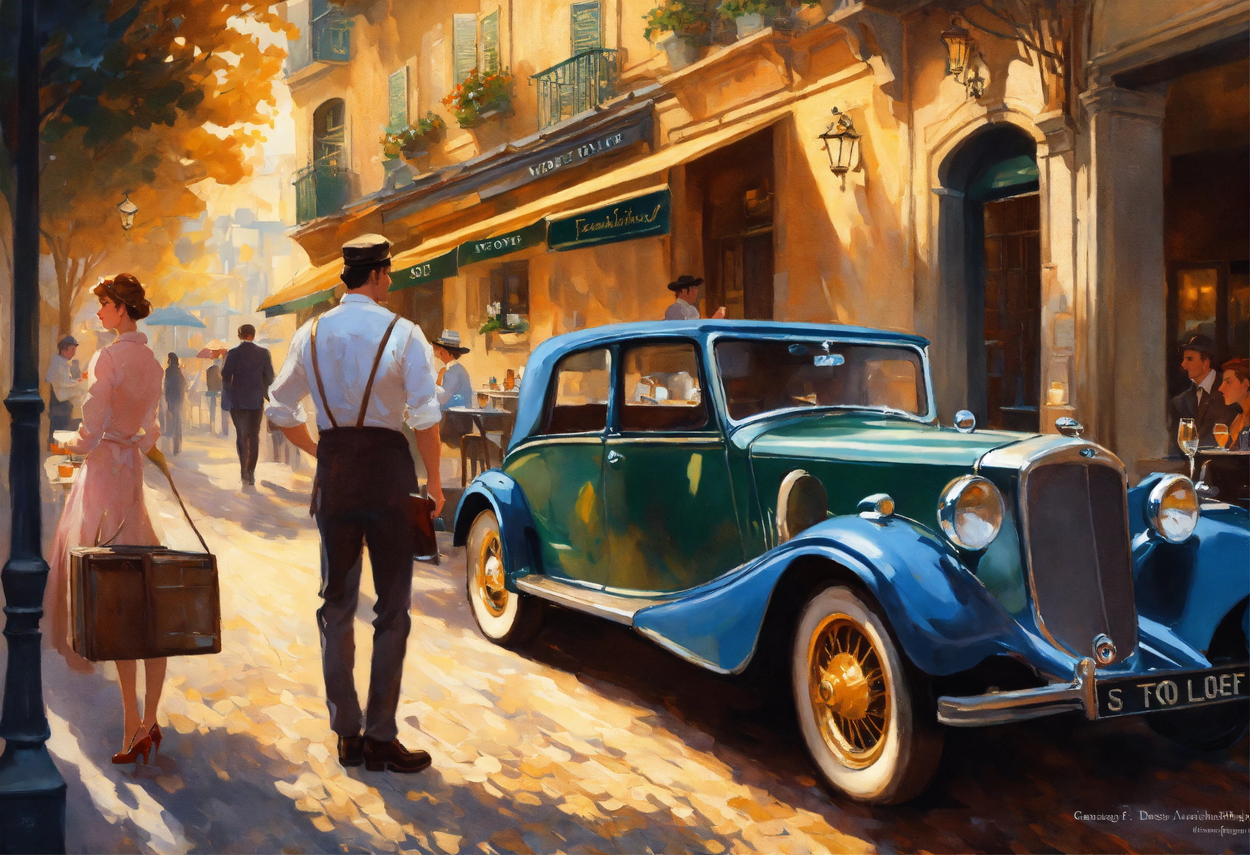 Lexica - French bistro, with waitress, vintage fashion and classic cars ...