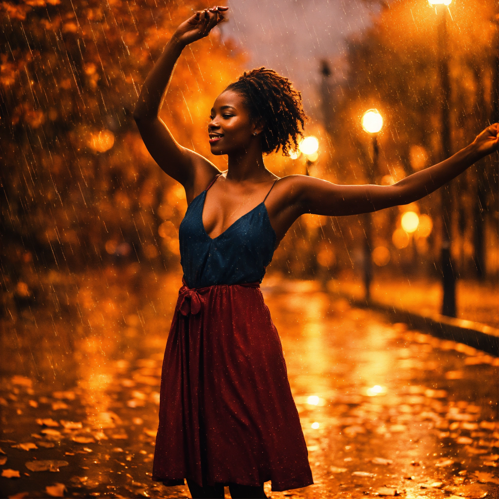 Lexica - Melanin lady dancing in the rain, Autumn lights