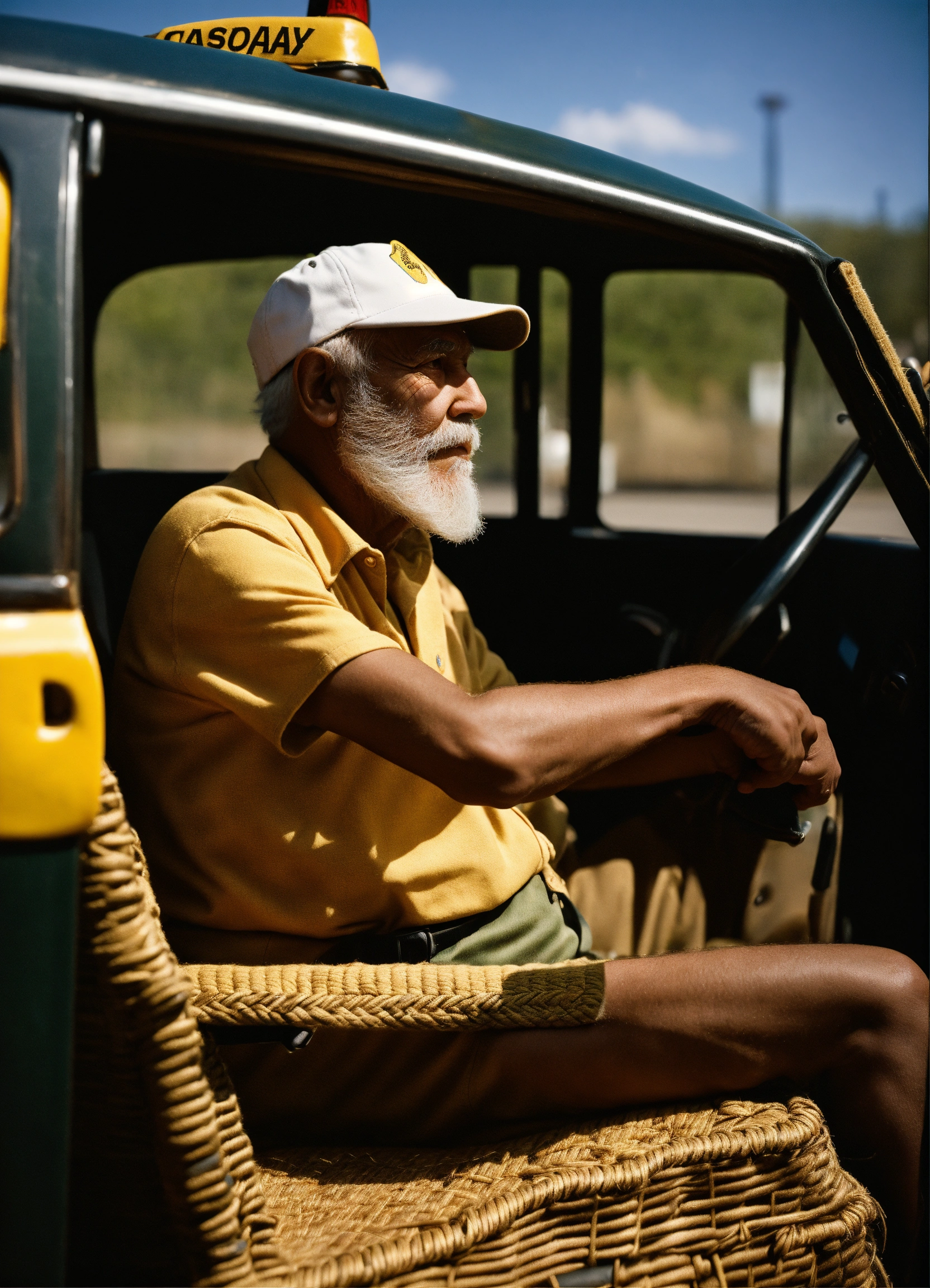 Lexica - A wise old man with white beard and baseball cap in a taxi cab ...