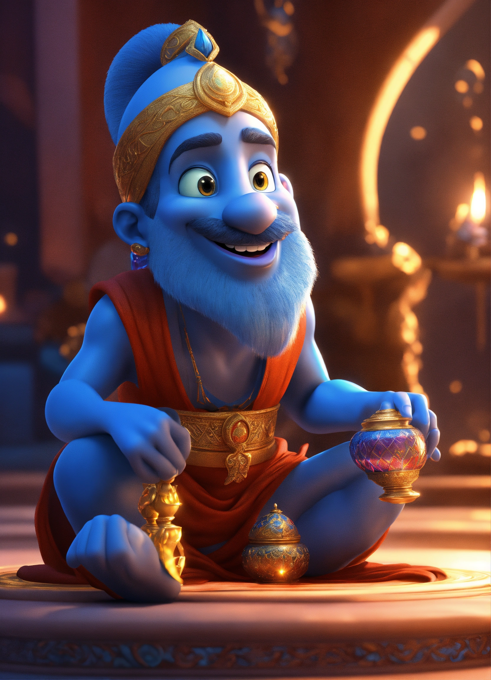 Lexica - Create a 3D rendering of a magical blue Arabian male genie ...