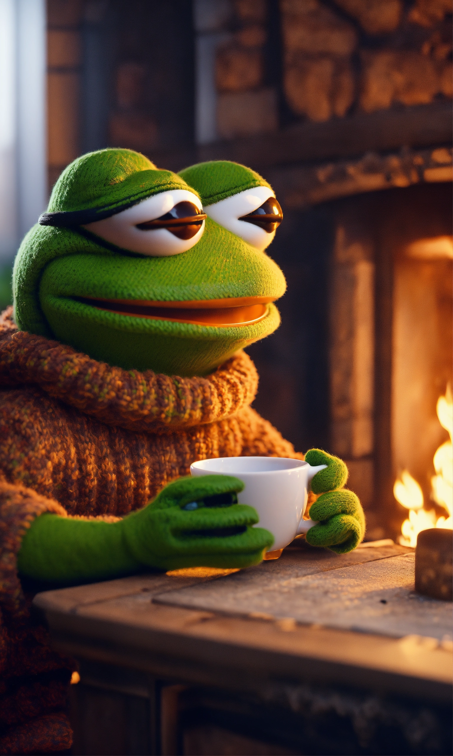Lexica - A tiny pepe the frog sipping tea wearing a cozy knit sweater ...