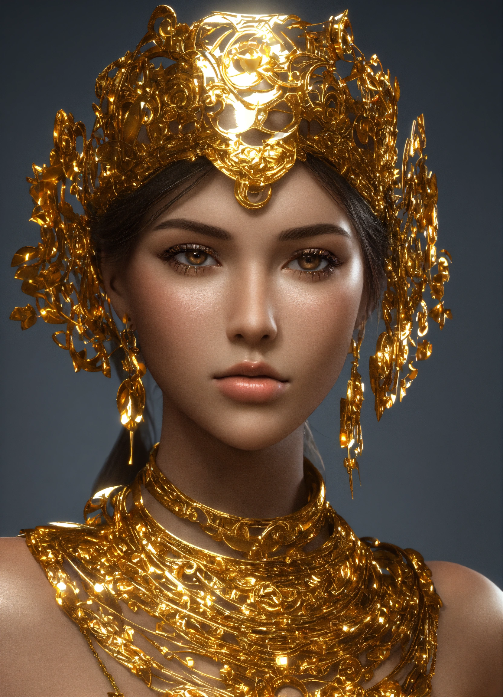 Lexica - Golden woman face, perfection, icon, unreal, 3d engine, 32 k