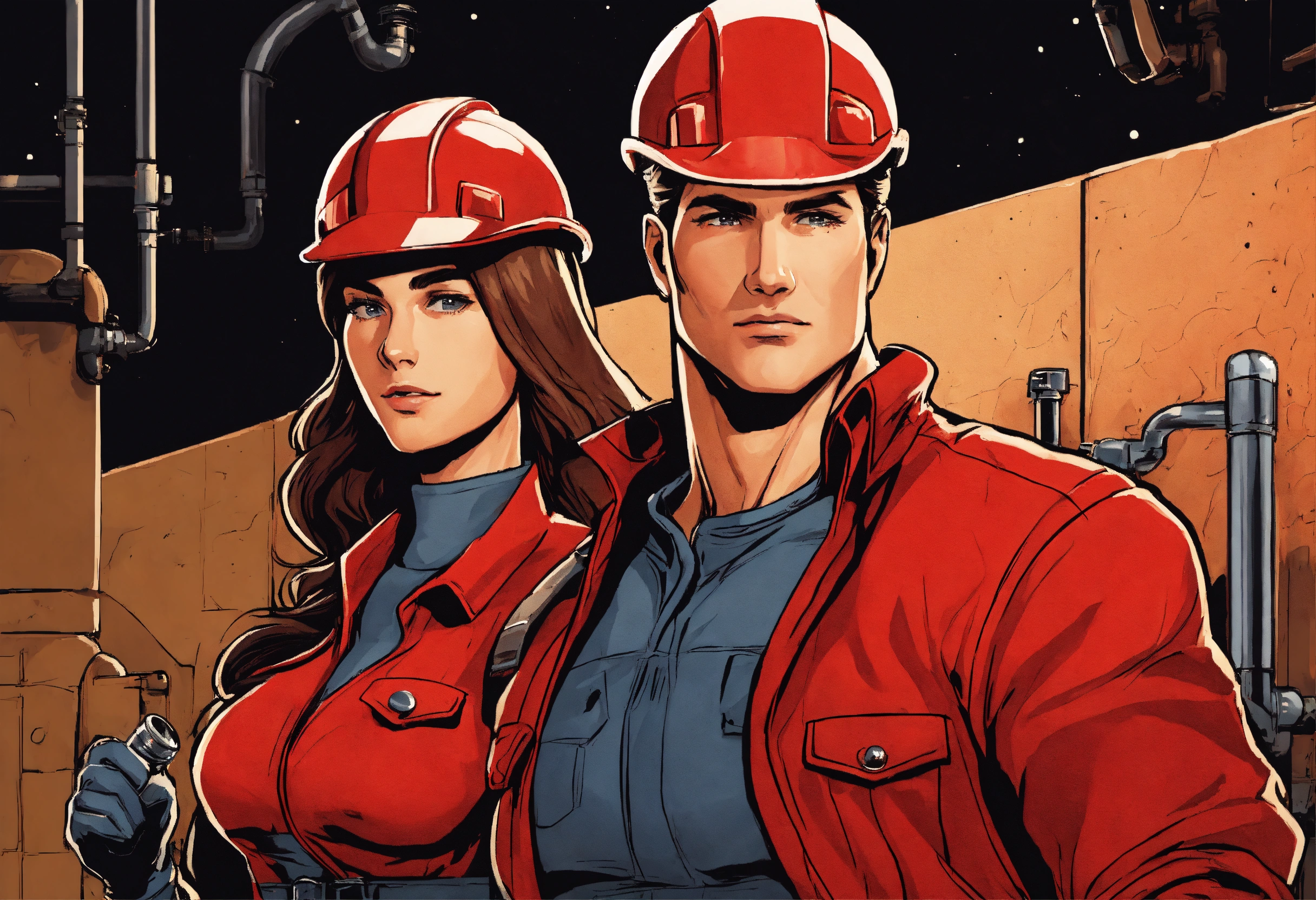 Lexica - Close up of two heroic plumber in a red outfit and red hard ...