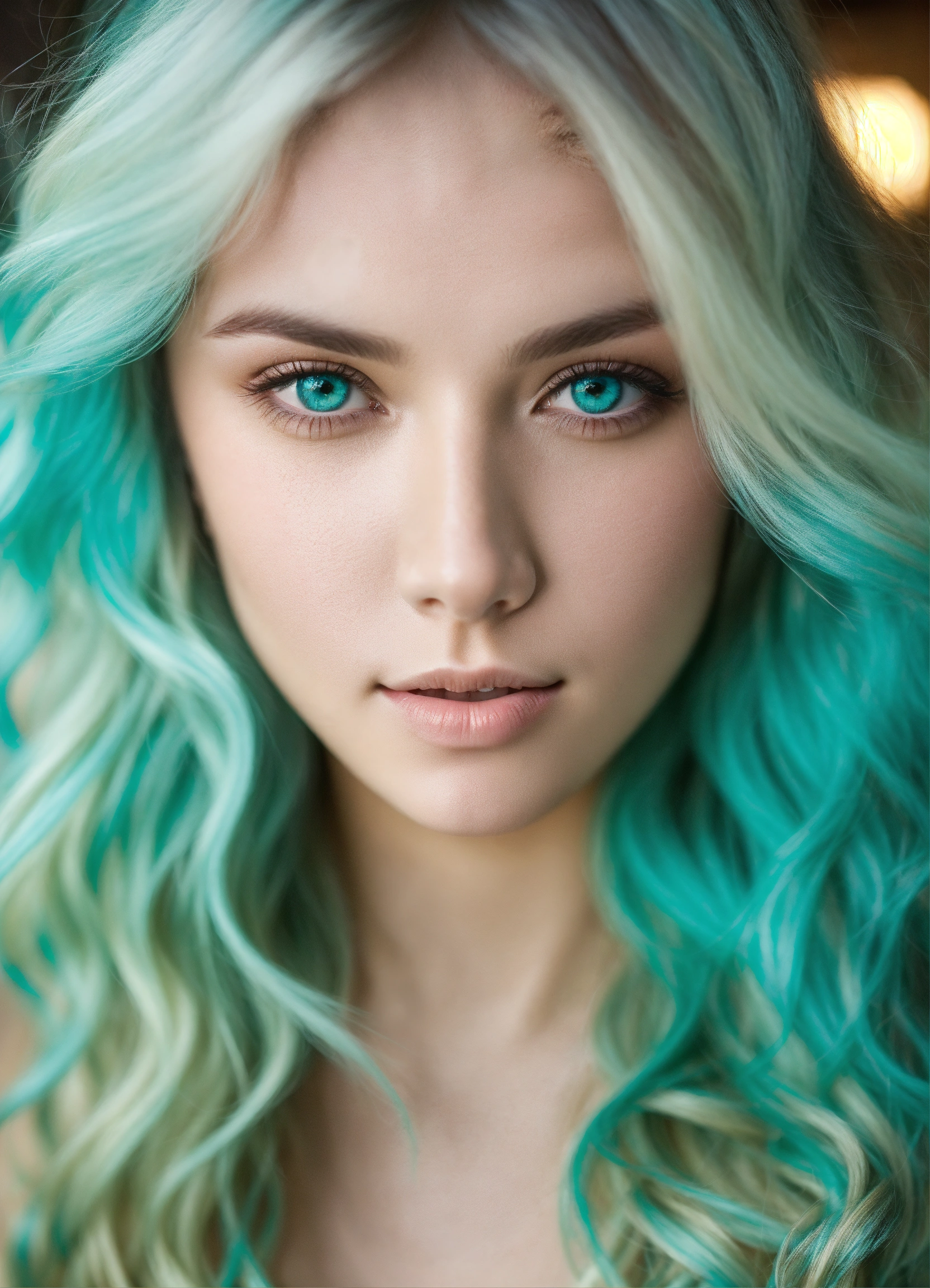 Lexica - White woman, fair skin, long bright cyan wavy hair, cyan eyes