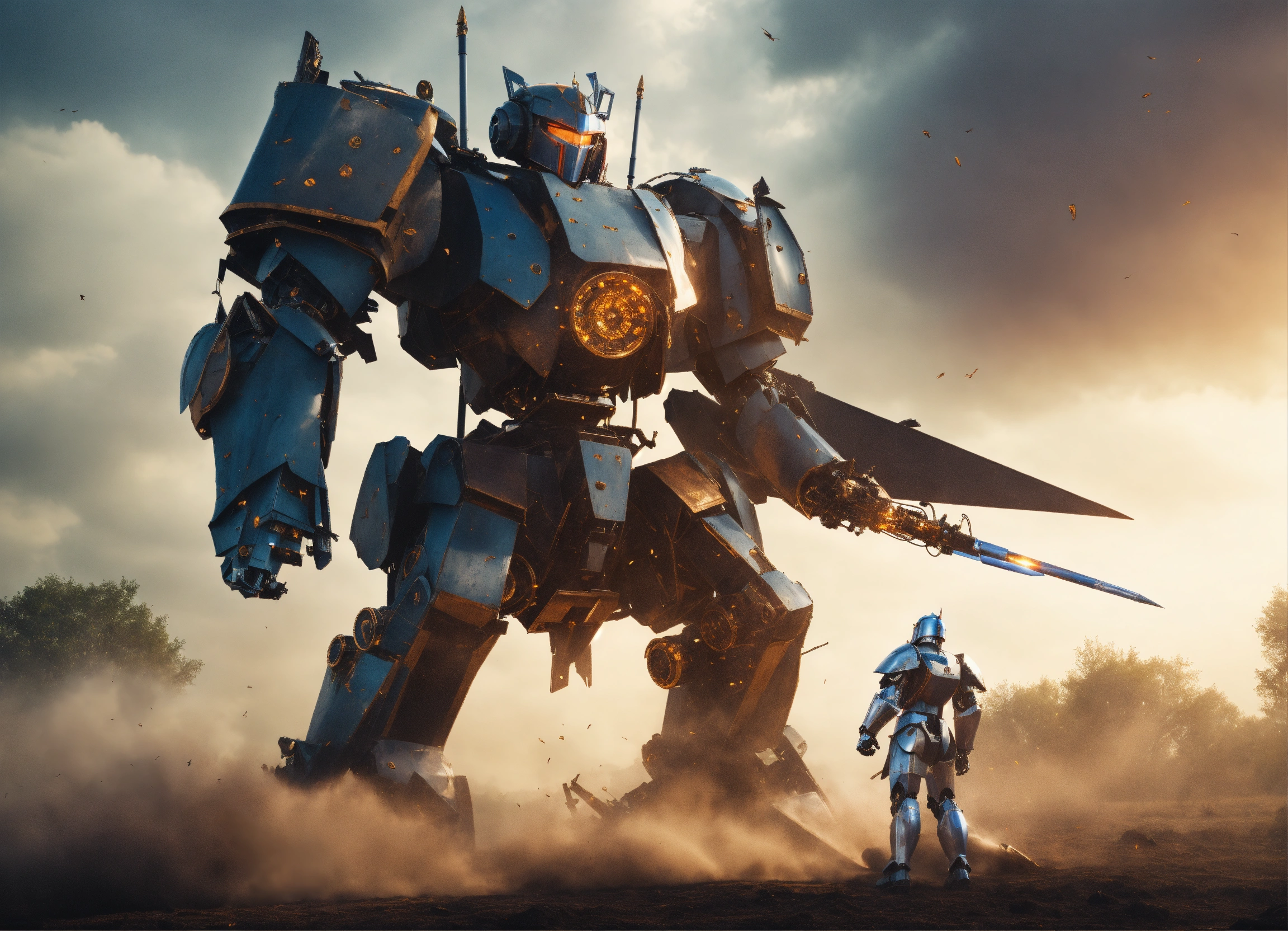Lexica - Medieval knight fighting a massive mecha robot, realistic ...
