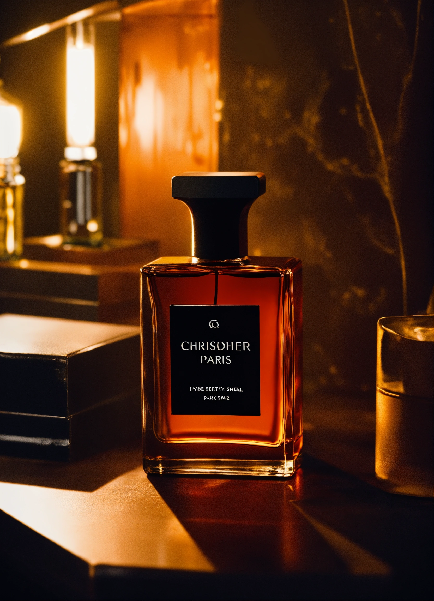 Lexica - A dark amber sweaty cologne bottle with a dark box in a dark ...