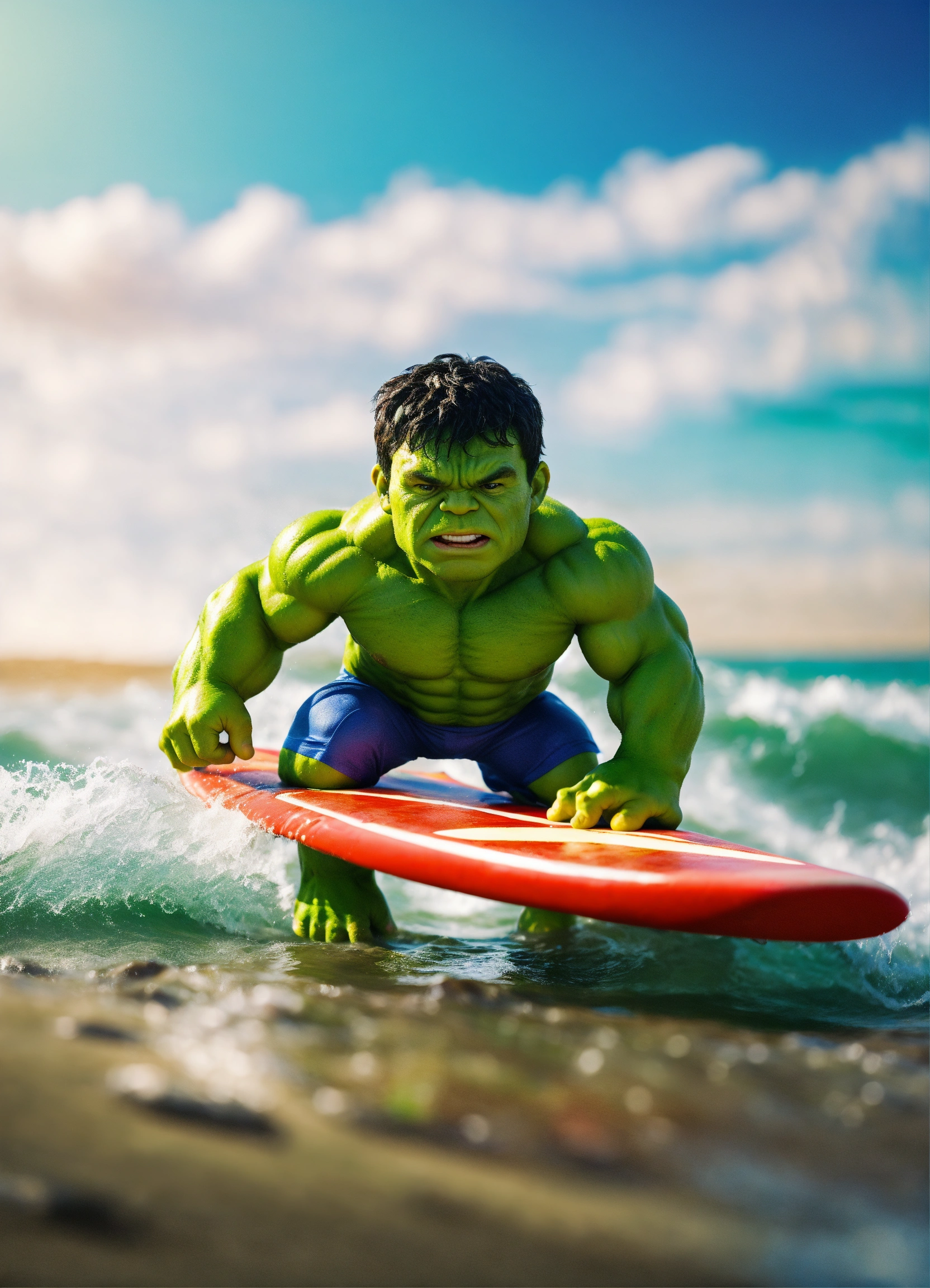 Lexica - Hulk super baby surfing on beach realistic clear focus camera