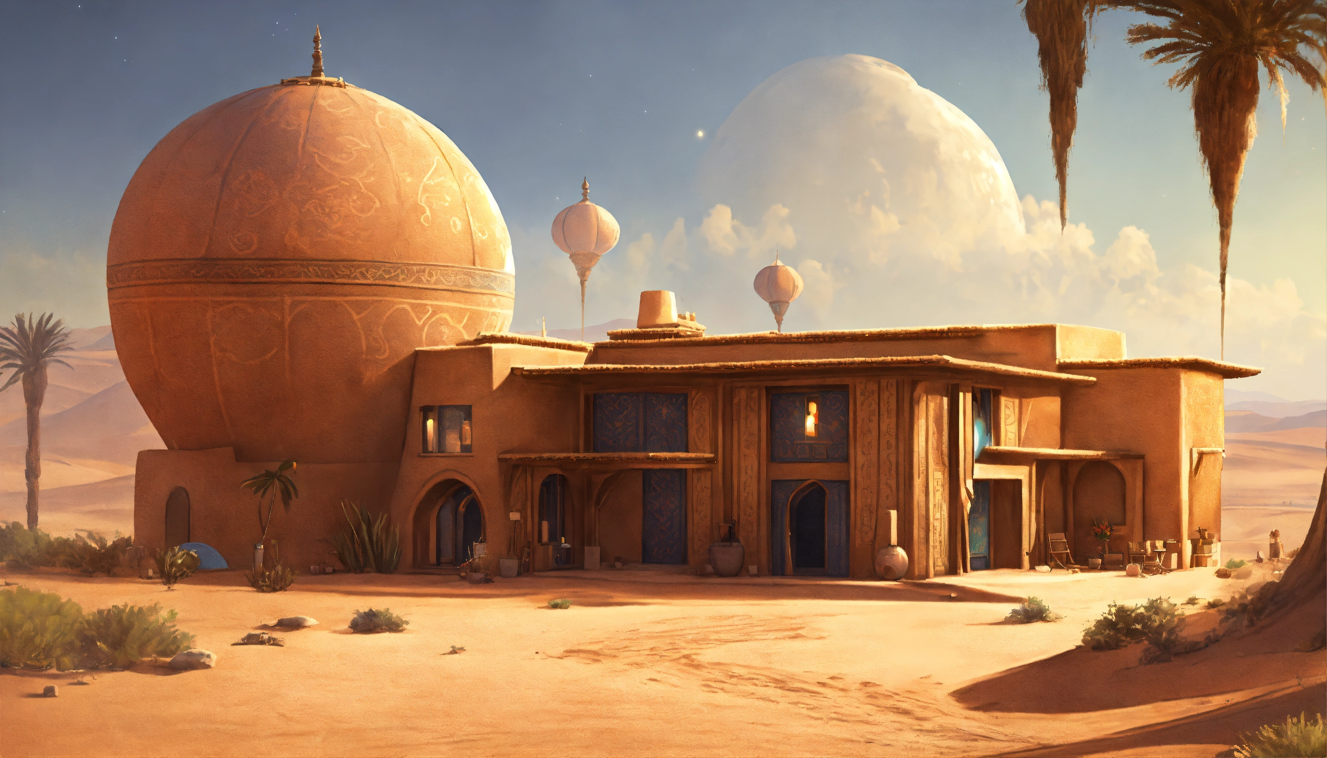 Lexica - Concept art of a large desert home, jakku, desert, flat roof ...