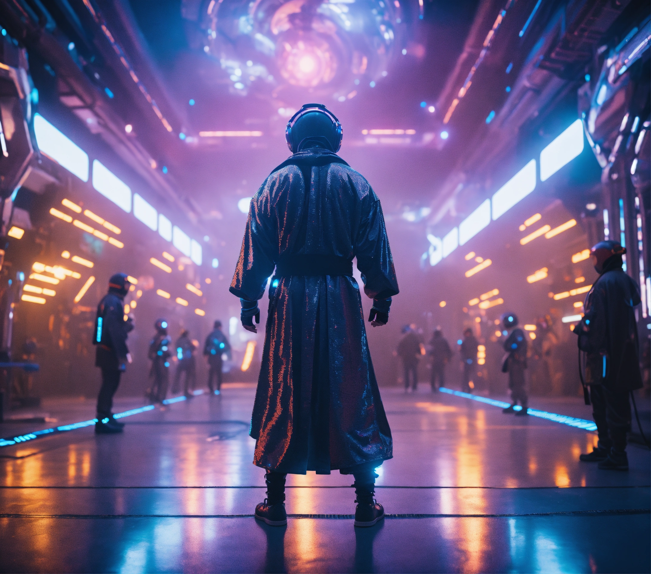 Lexica - Zoom out from a futuristic martial arts master hacker, wearing ...