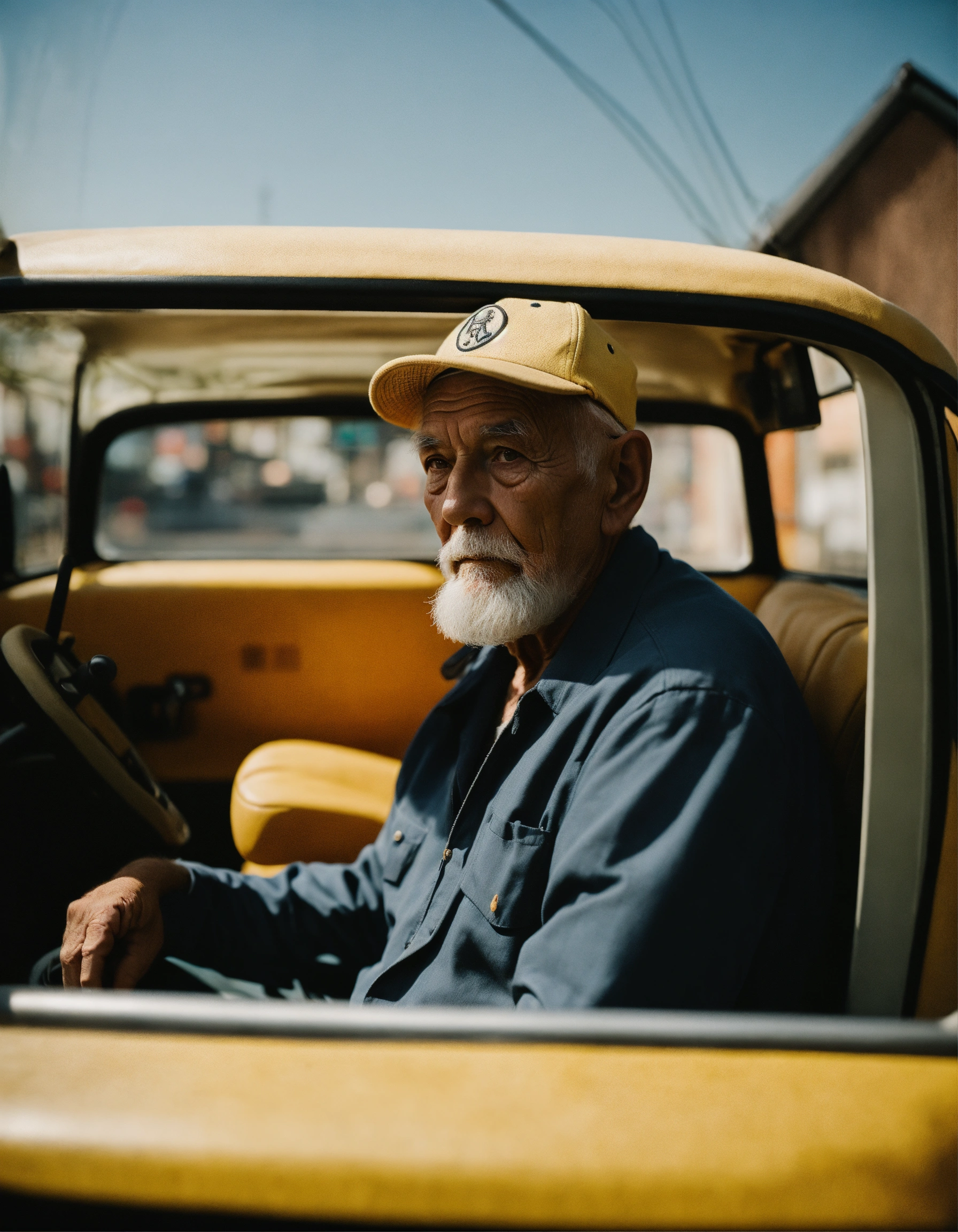 Lexica - A wise old man with black beard and baseball cap in a taxi cab ...