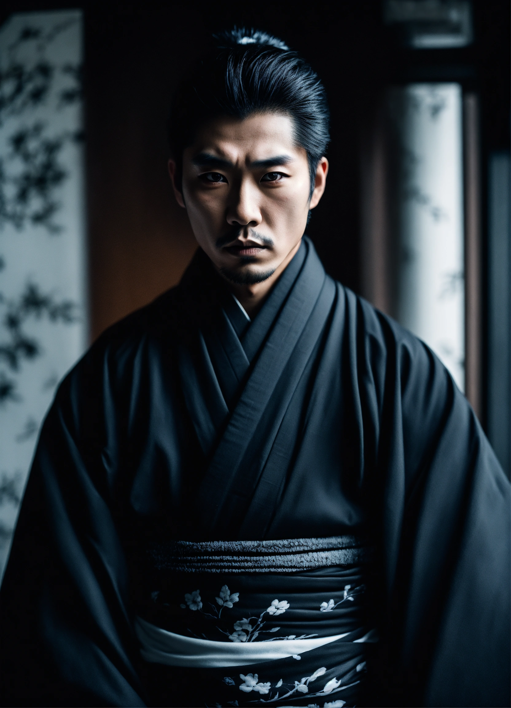 Lexica - High contrast portrait of a japanese man in black kimono ...