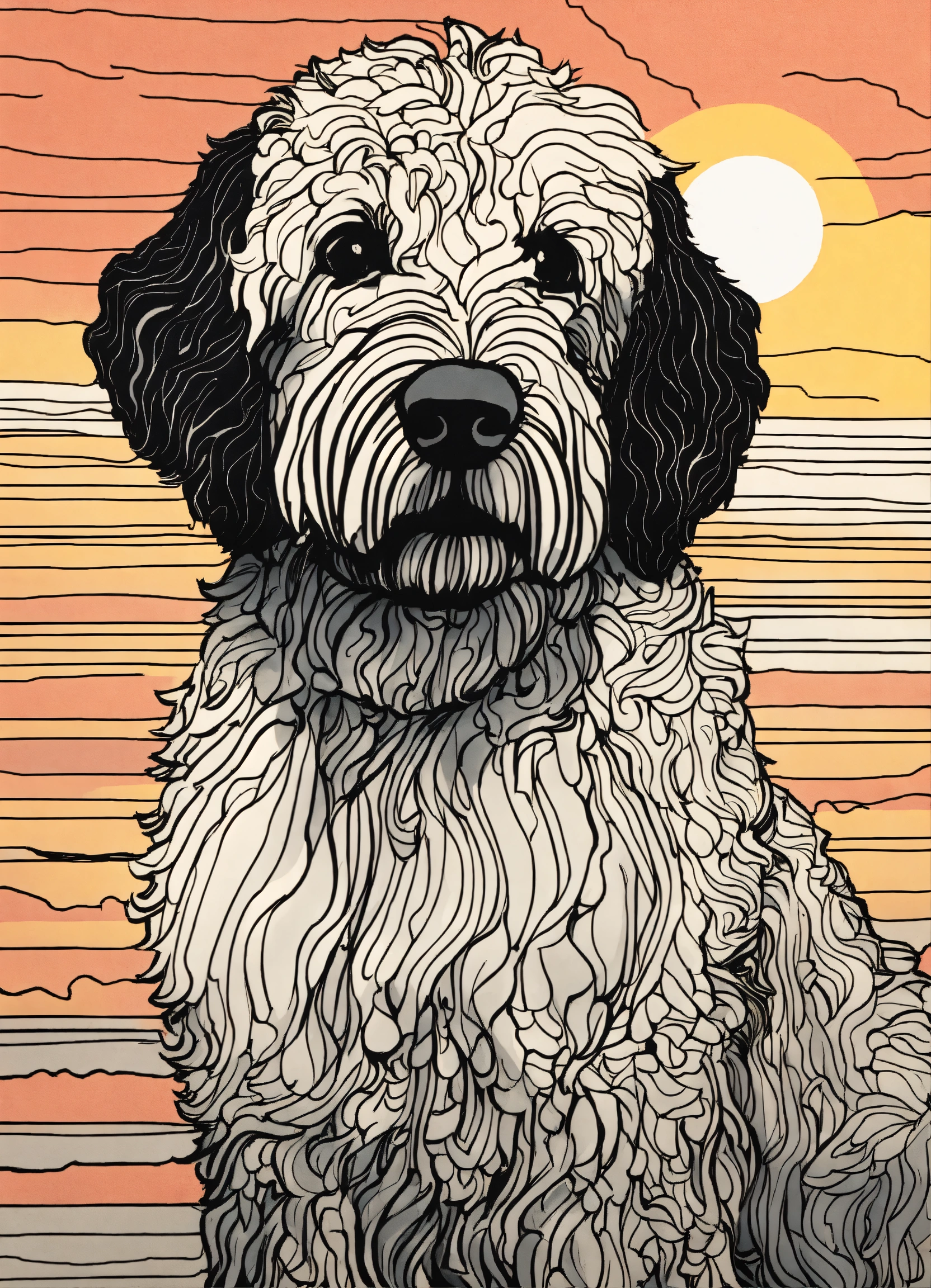 Lexica - Black and white bold line drawing, golden doodle still in ...