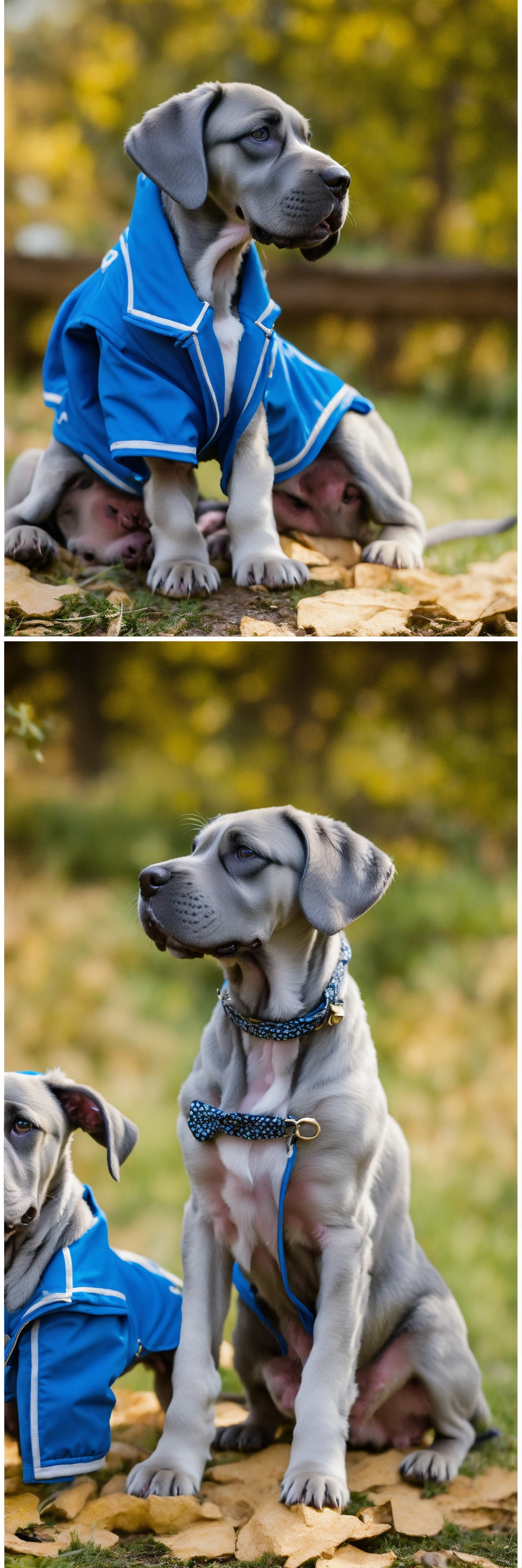 Lexica - 2 cheerful miniature great dane puppies wearing blue jackets.