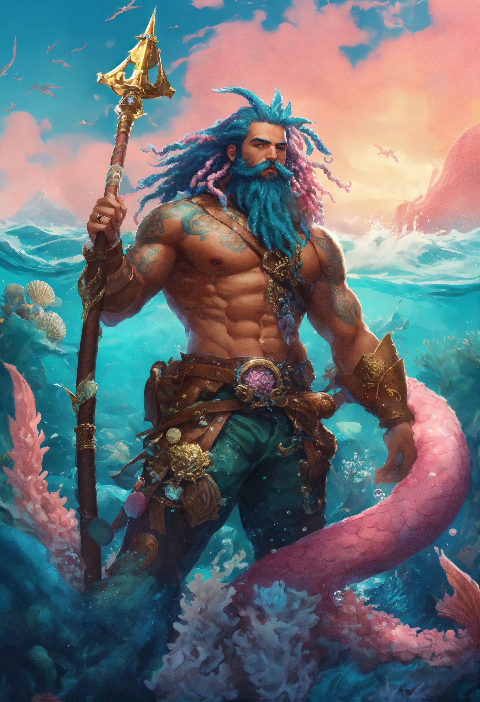 Lexica - A buff muscular Merman pirate with scales across his Blue skin ...