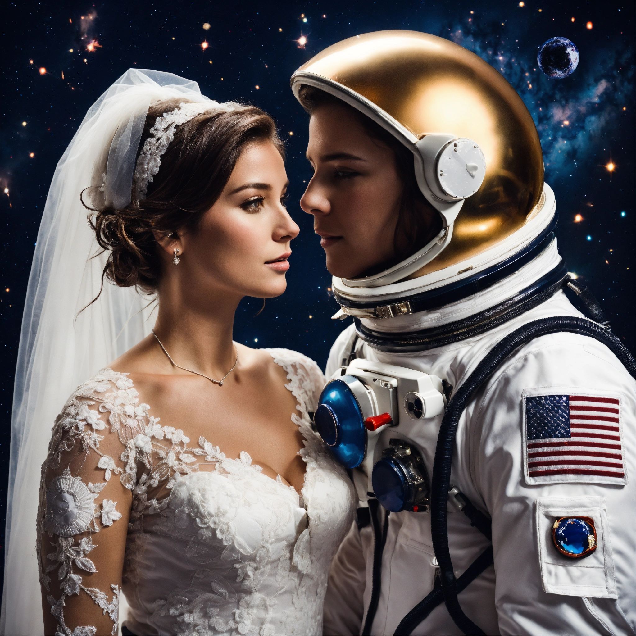 Lexica - Astronaut, realistic, the bride with astronaut helmet and groom