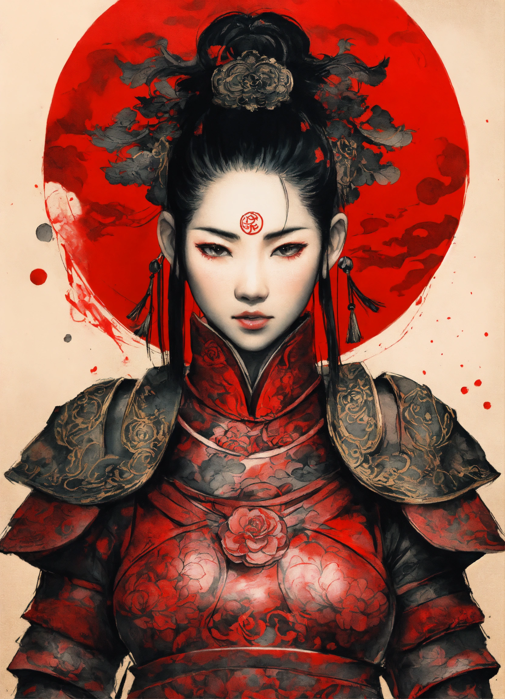Lexica - Female warrior Shuǐmò huà, 水墨画, black and red ink, ink art by ...