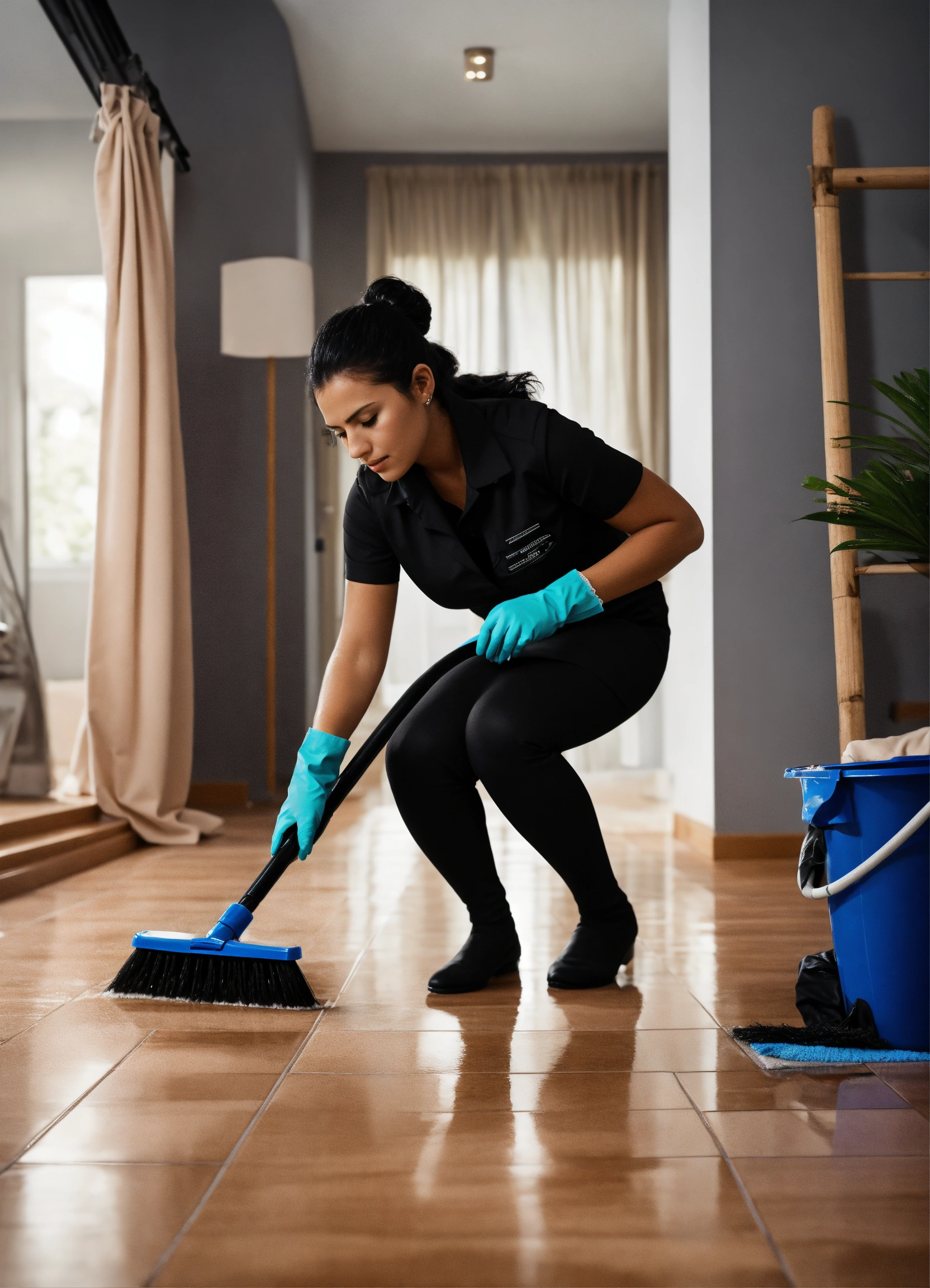 Lexica - Please create a realistic imagem of a brazilian woman cleaning a floor of a modern ...
