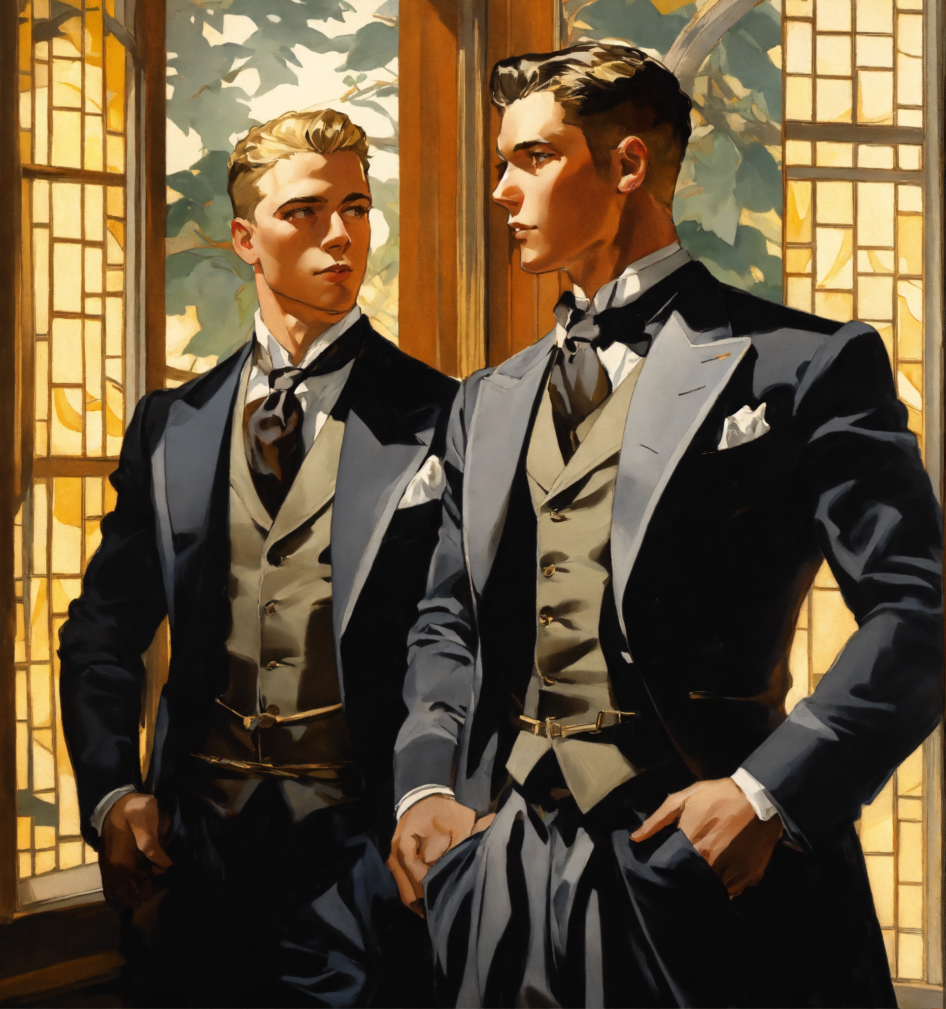 Lexica - Two muscled male spies, dark grey vested suit, looking by a ...