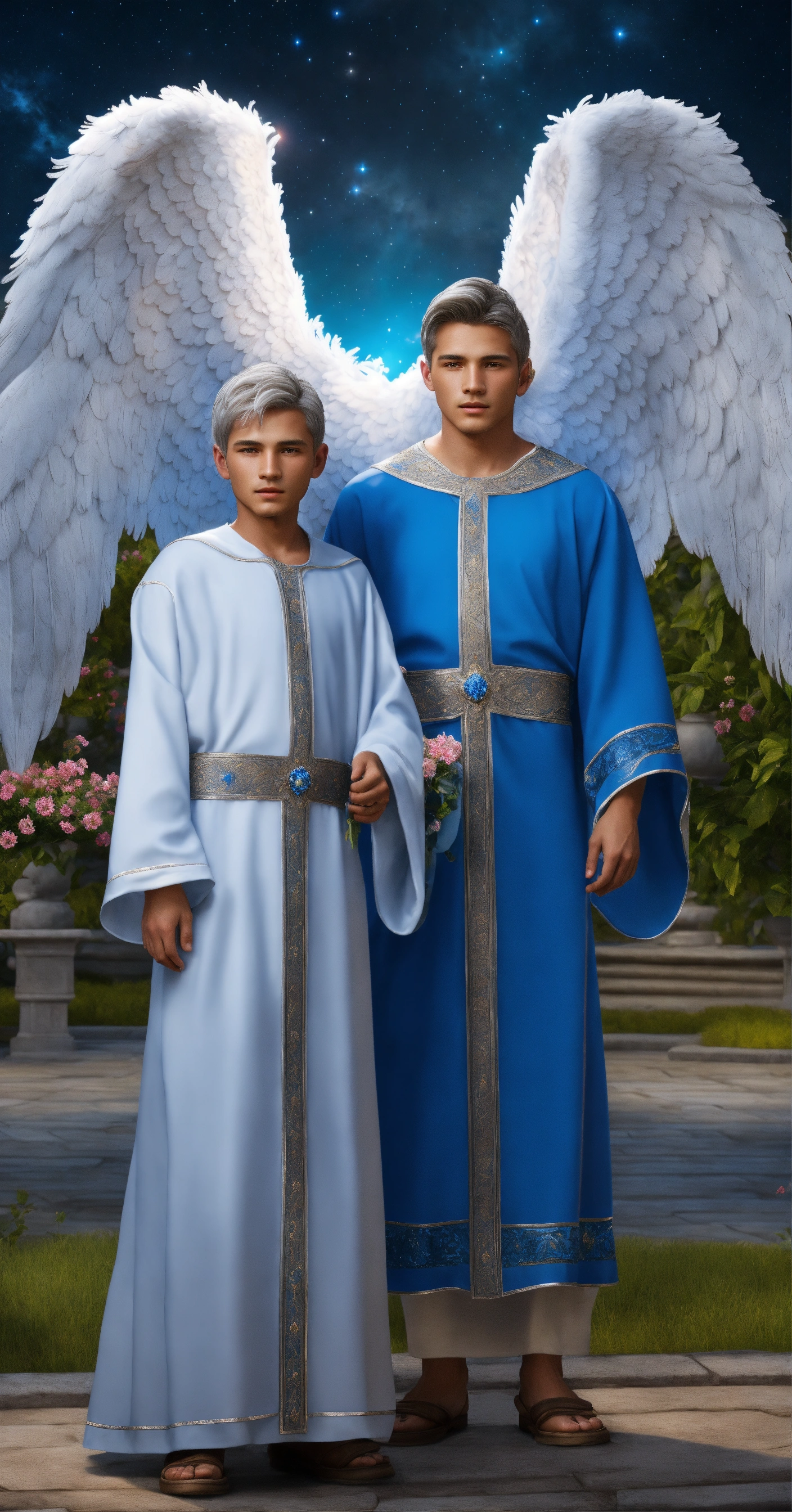 Lexica - 2 male guardian angels with detailed and luminous blue angel wings. 1 30-year-old male ...