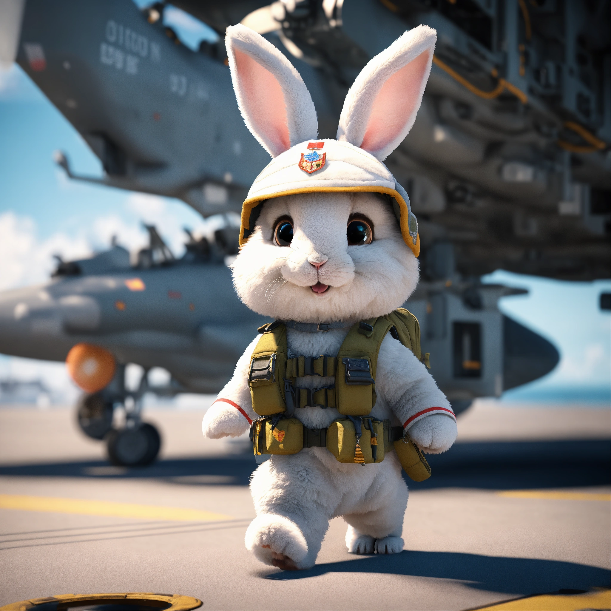 Lexica - A cute fluffy rabbit pilot walking on a military aircraft ...