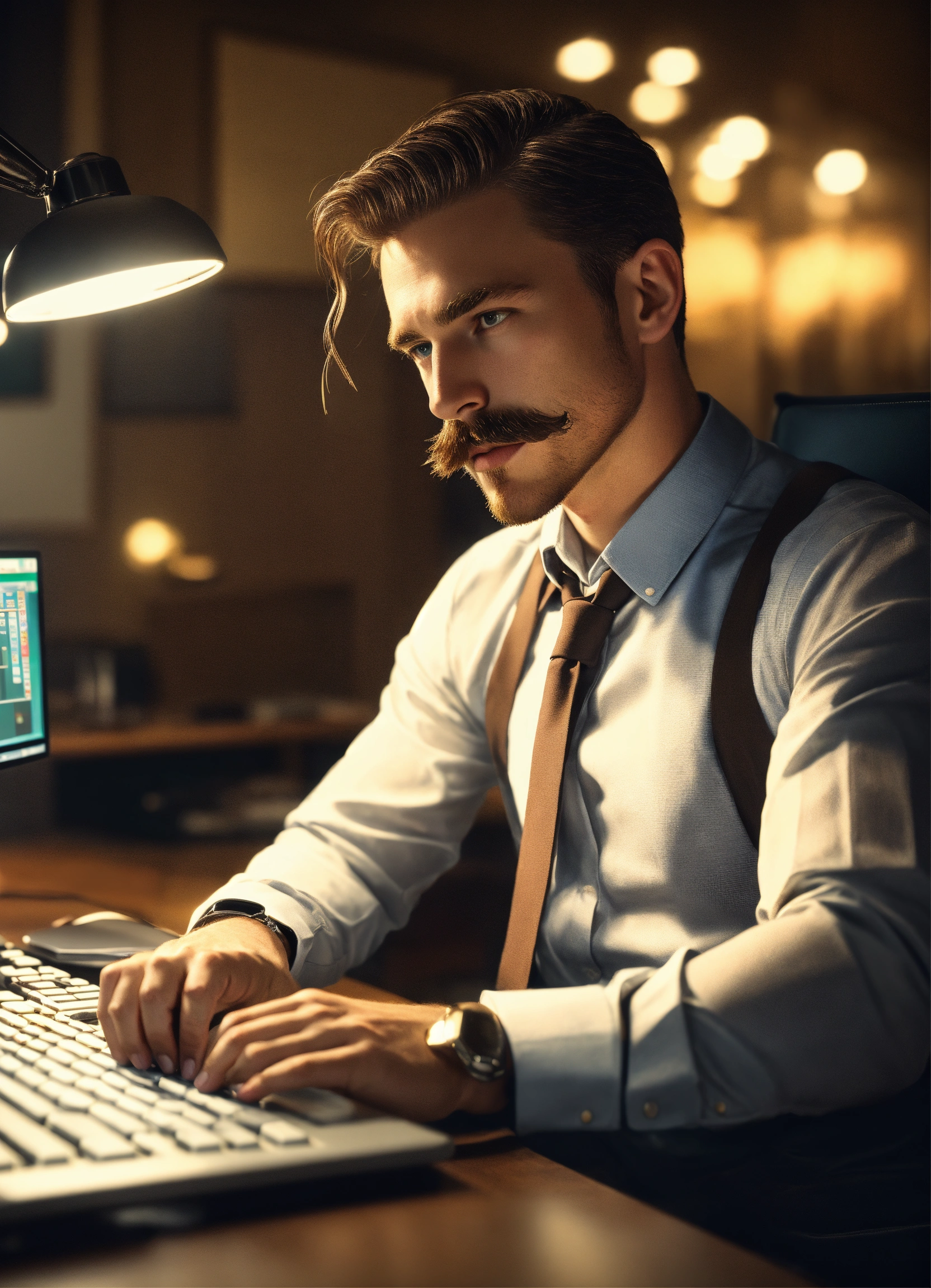 Lexica - Young, white male investment banker with mustache sitting at ...