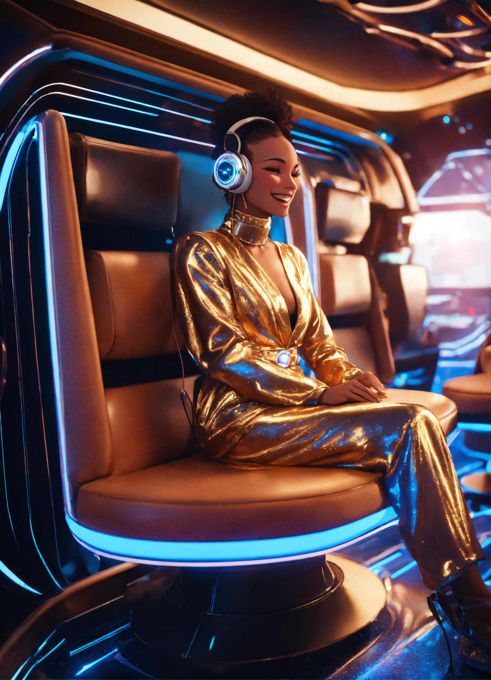 Lexica - Zoom out from a beautiful. laughing humanoid, wearing a fancy ...