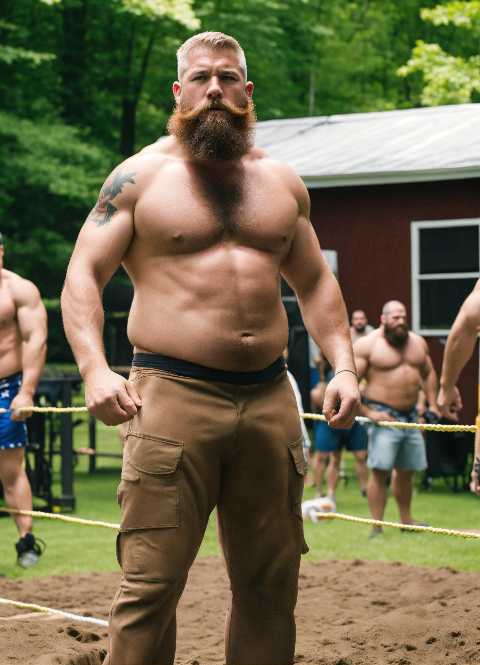 Lexica - A shirtless Redneck backyard wrestling against an ethnic bearded athletic men in 4k