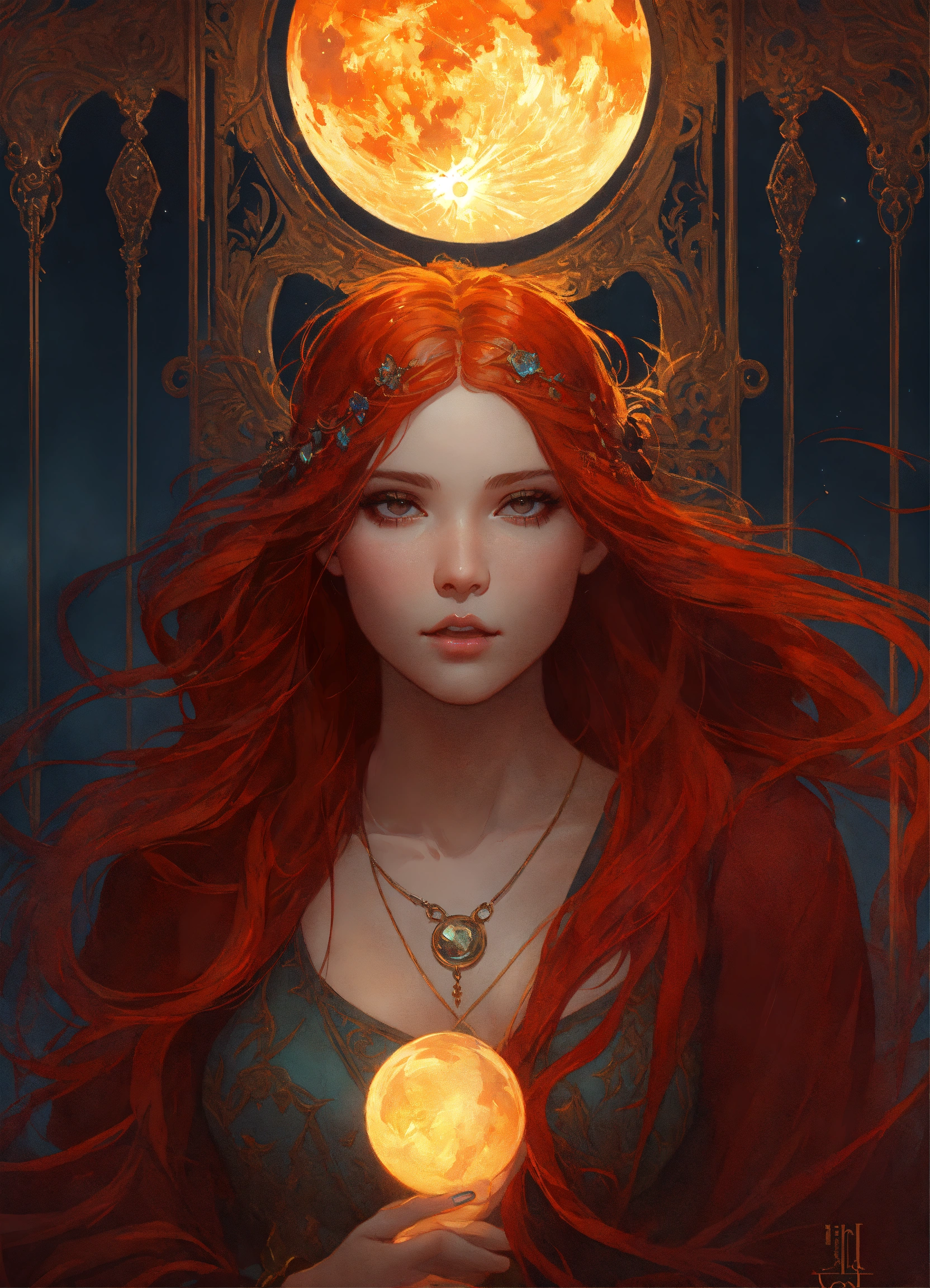 Lexica - Beautiful, red hair, psychic, long hair, mysterious moonlit ...