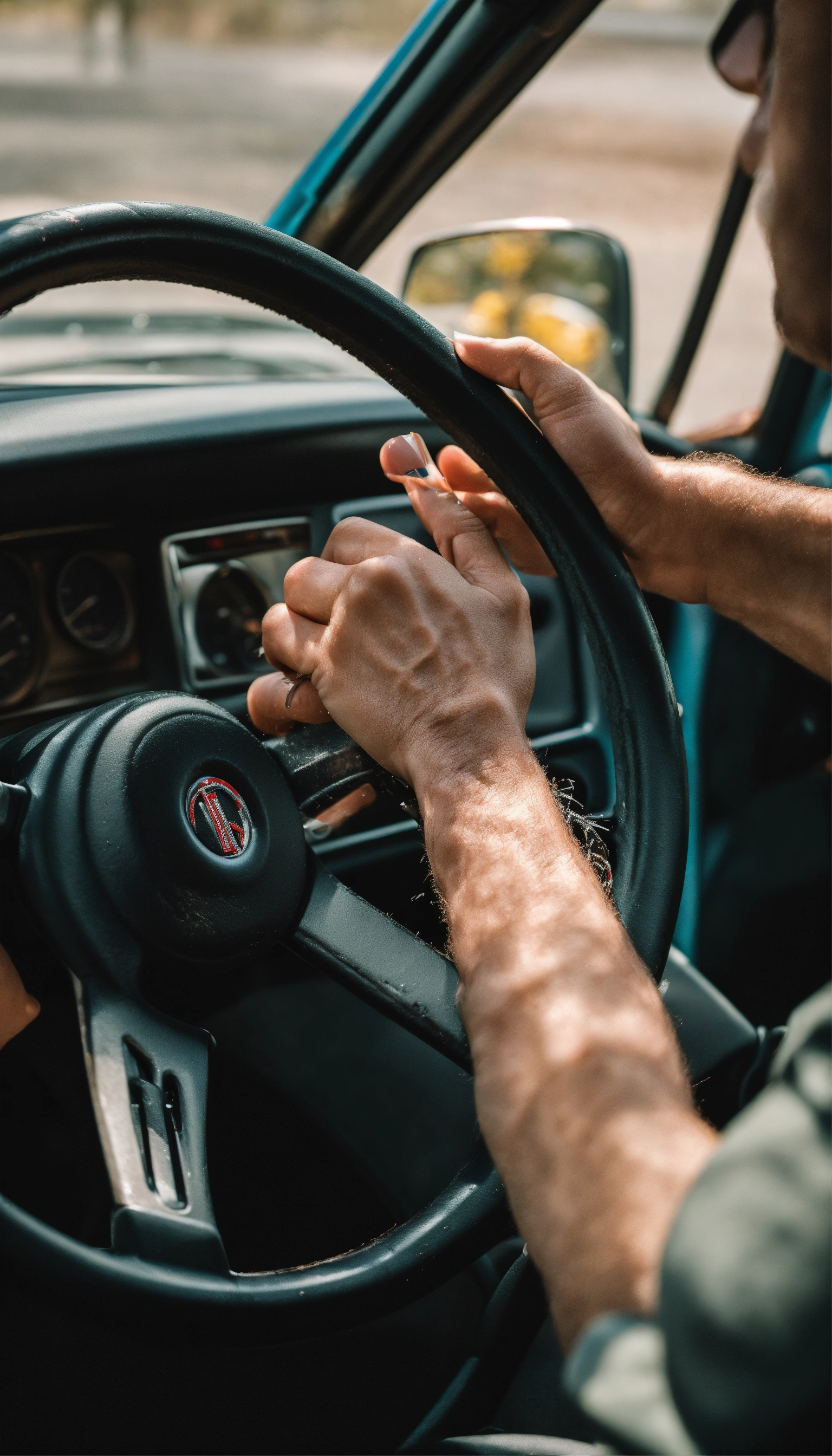 Lexica - A man’s greasy hands with unclipped nails on steering wheel