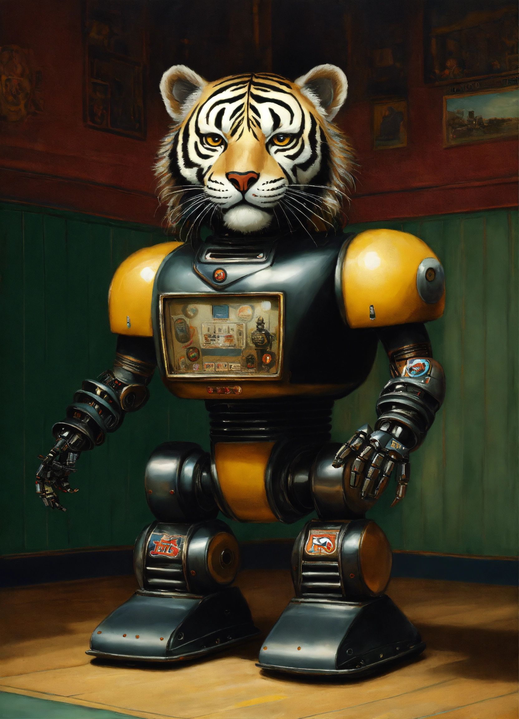Lexica - A nfl player robot ride a robot black tiger, by Mark Ryden