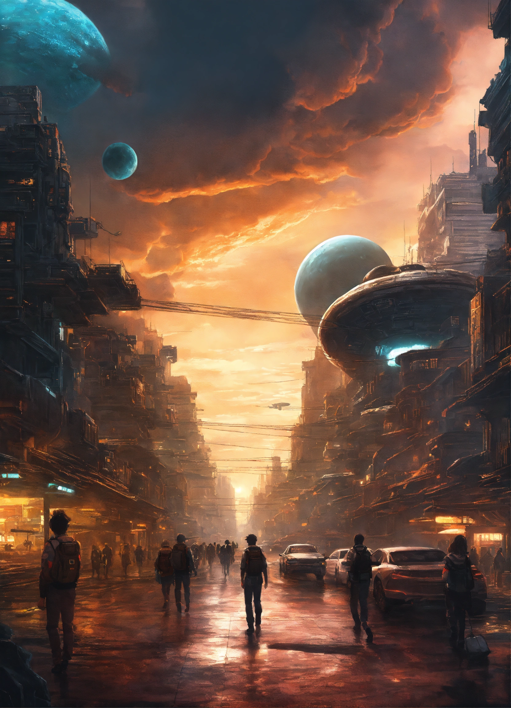 Lexica - Comic illustration of a futuristic city, jupiter clouds ...