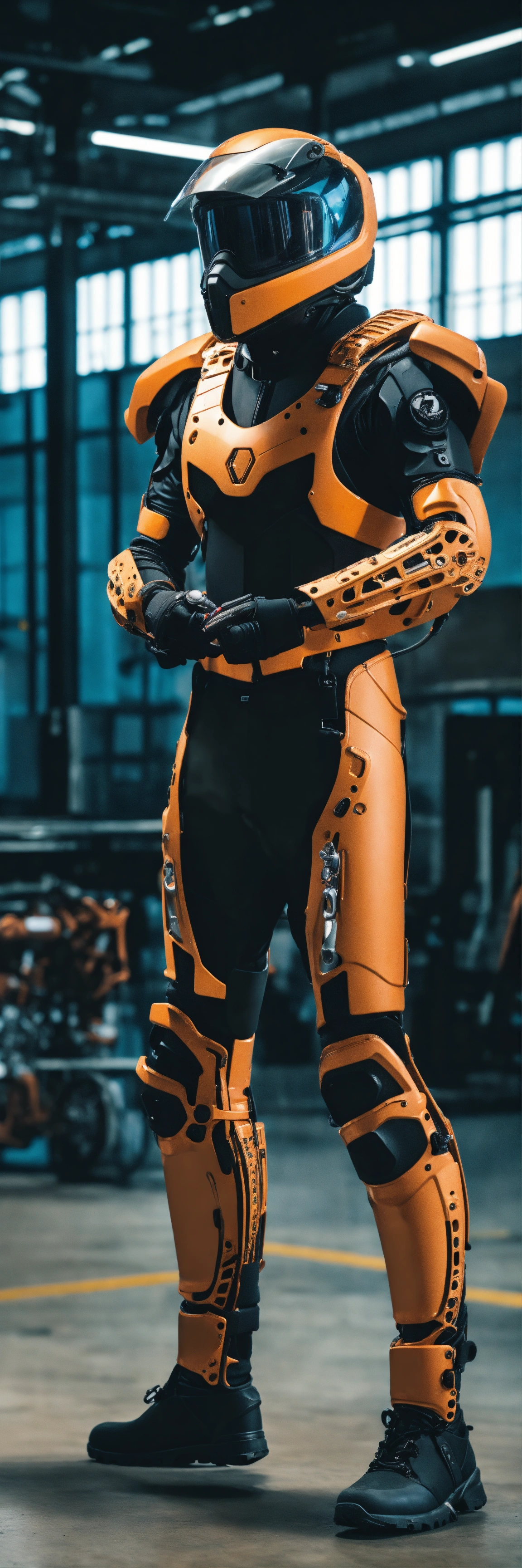 Lexica - An exoskeleton in an industrial factory, moto bike, 8k.