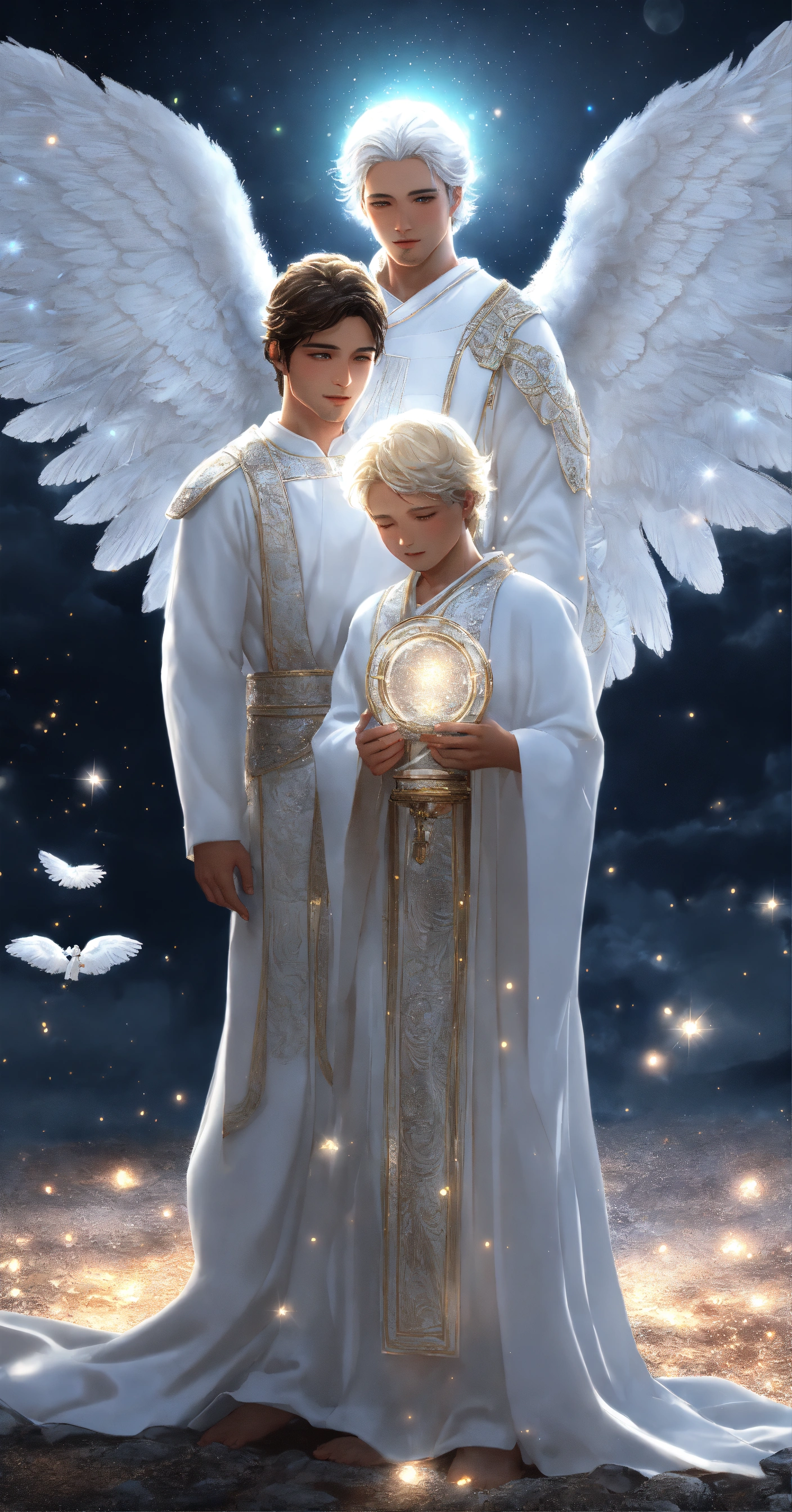 Lexica - 2 male guardian angels with detailed and luminous white angel wings. 1 male angel of 30 ...