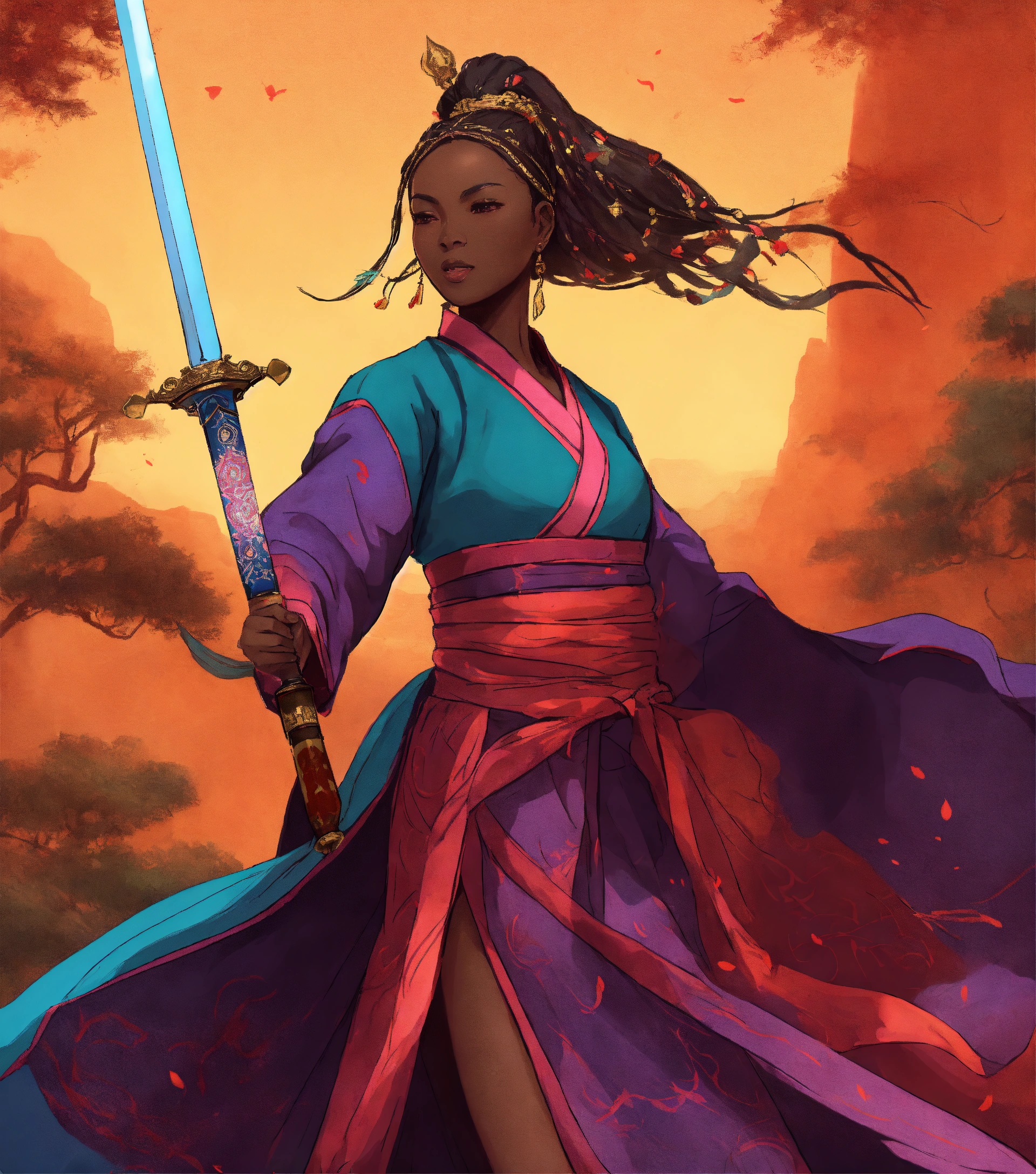 Lexica - An African woman cultivator in jewel tone flowing robes flying ...