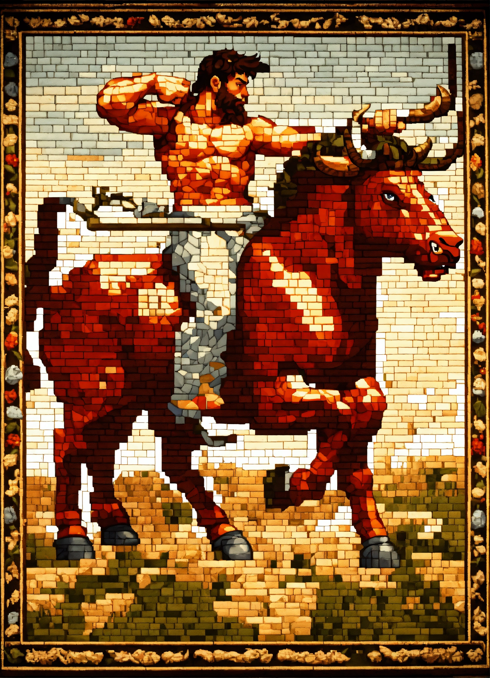 Lexica - Stone mosaic, Hercules fighting with a bull, red bulls of ...