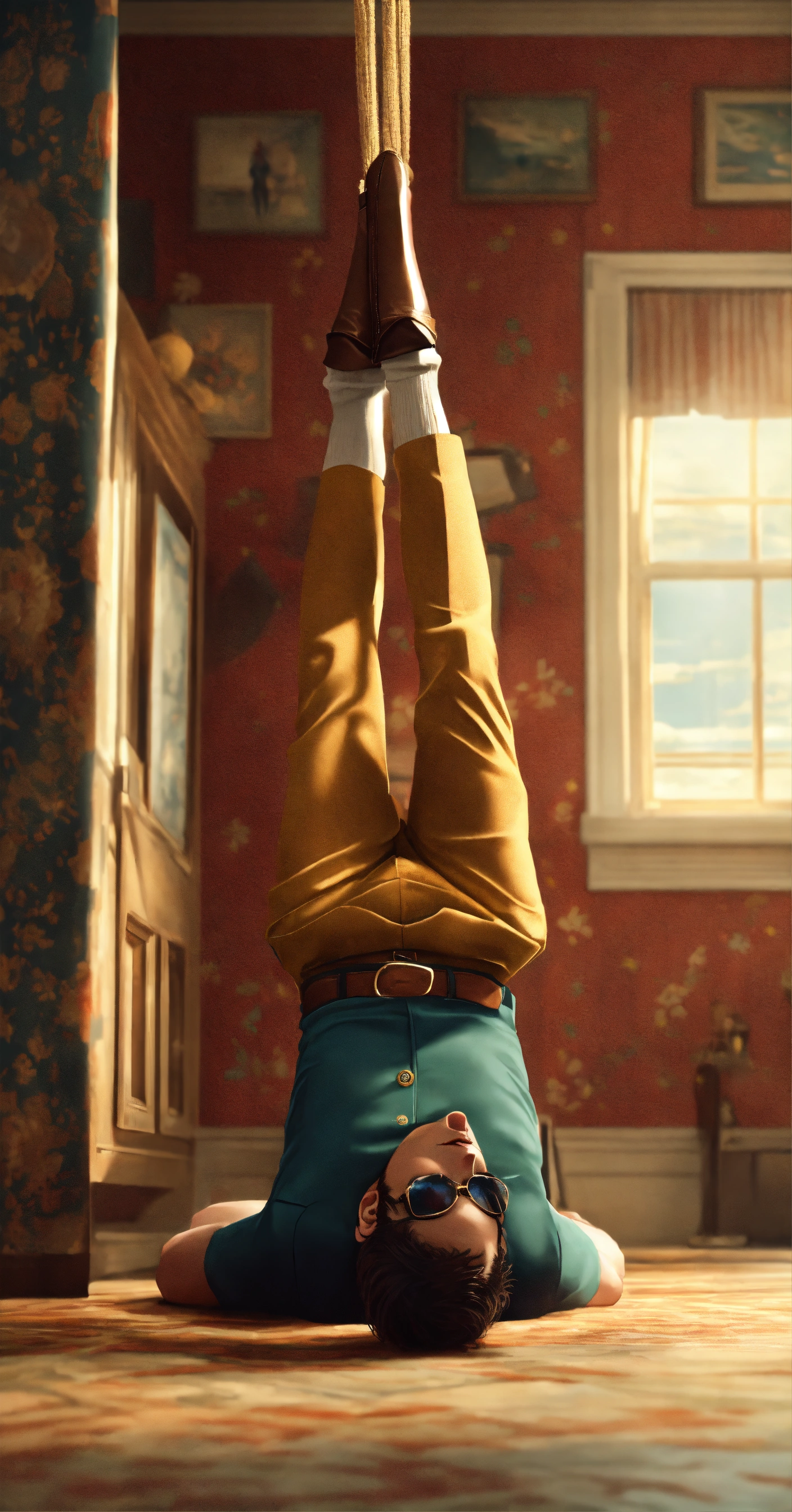 Lexica - A man hanging upside down by his leg while his other leg is crossed at the knee ...