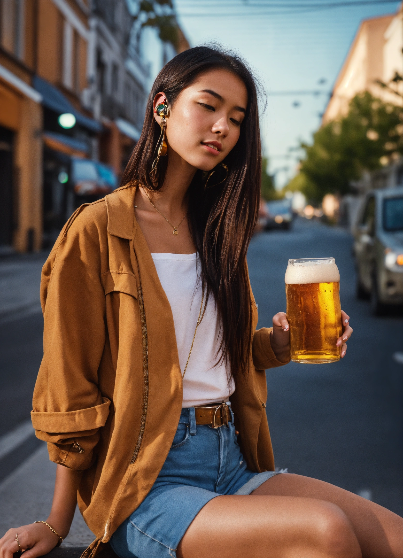 Lexica - Tan skin girl with dark straight hair drinking can beer in ...