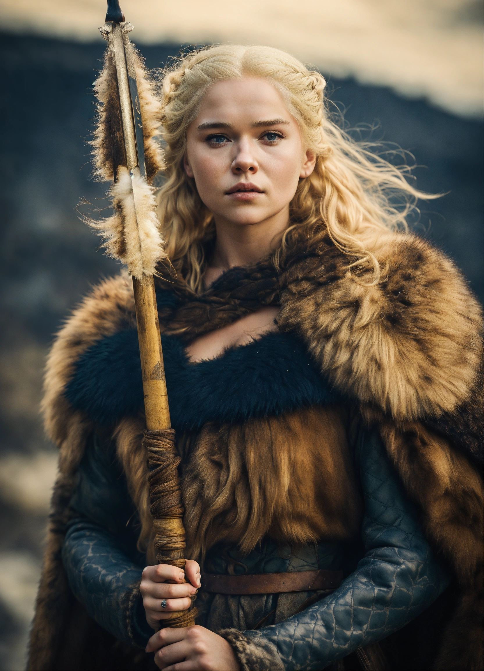 Lexica - Game of thrones blonde wildling warrior girl in furs with a spear