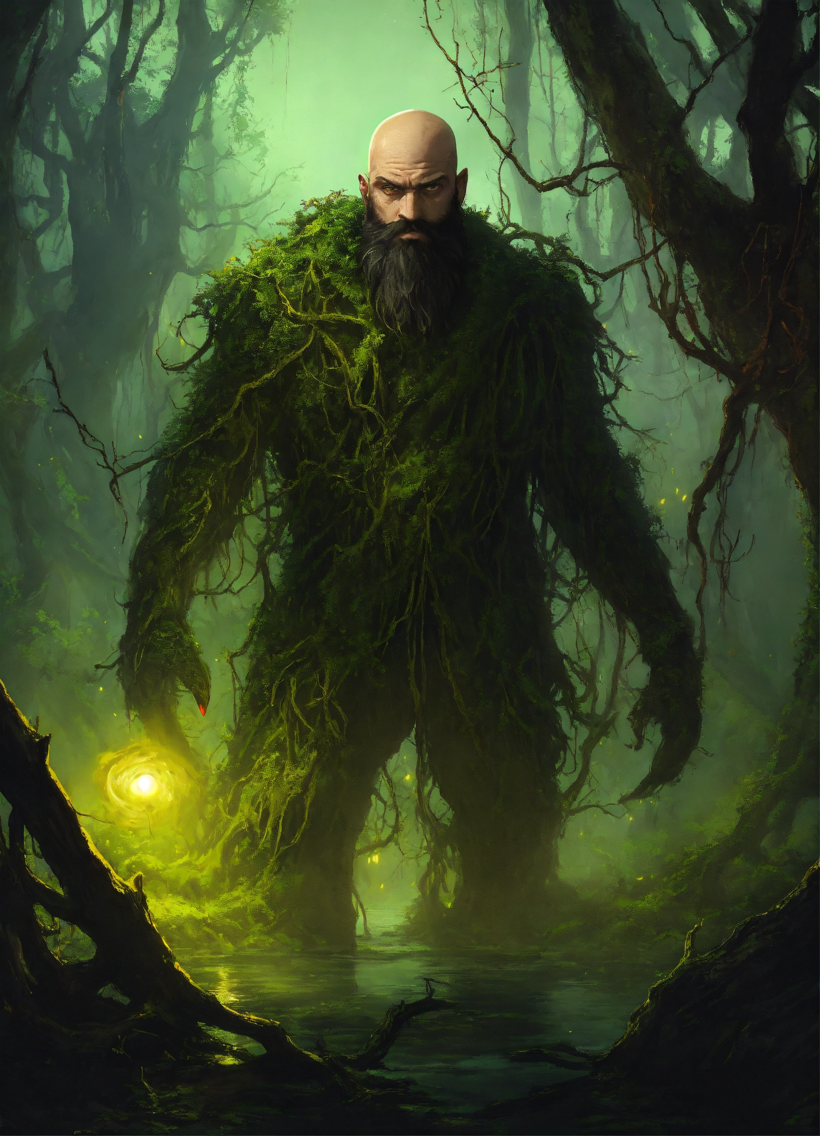 Lexica - A young bald man with beard terrifying swamp monster, lurking ...