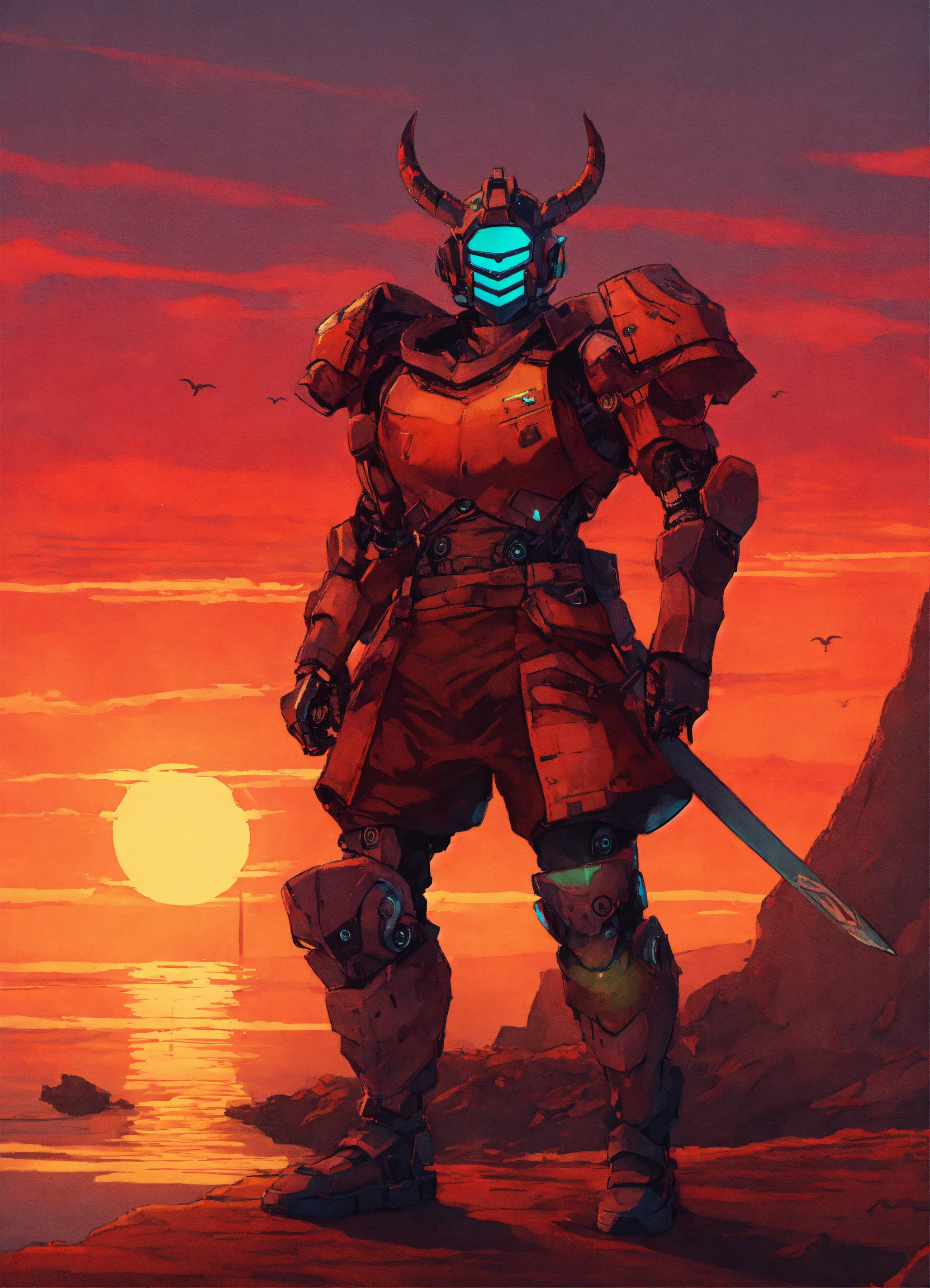 Lexica - Demon slayer in the sunset, wearing robot clothing.