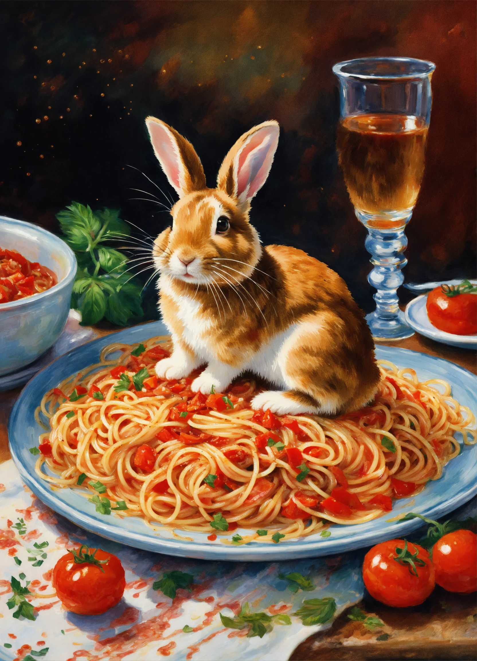 Lexica - A cute tabby rabbit eating messy spaghetti with tomato sauce ...