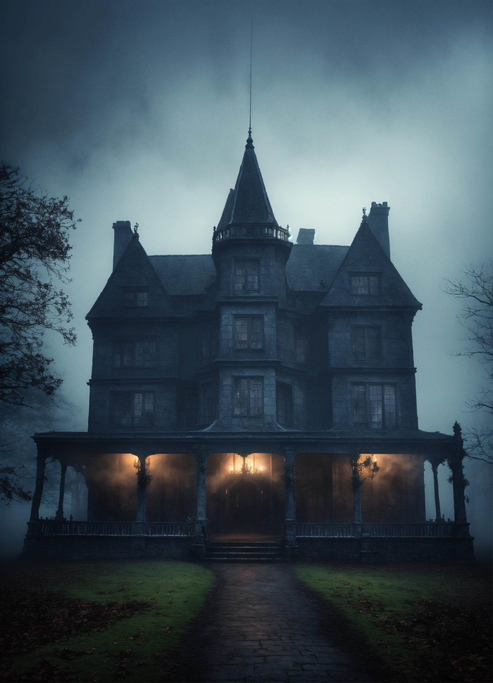 Lexica - An Image of a dark manor set in a setting of fog and evil ...
