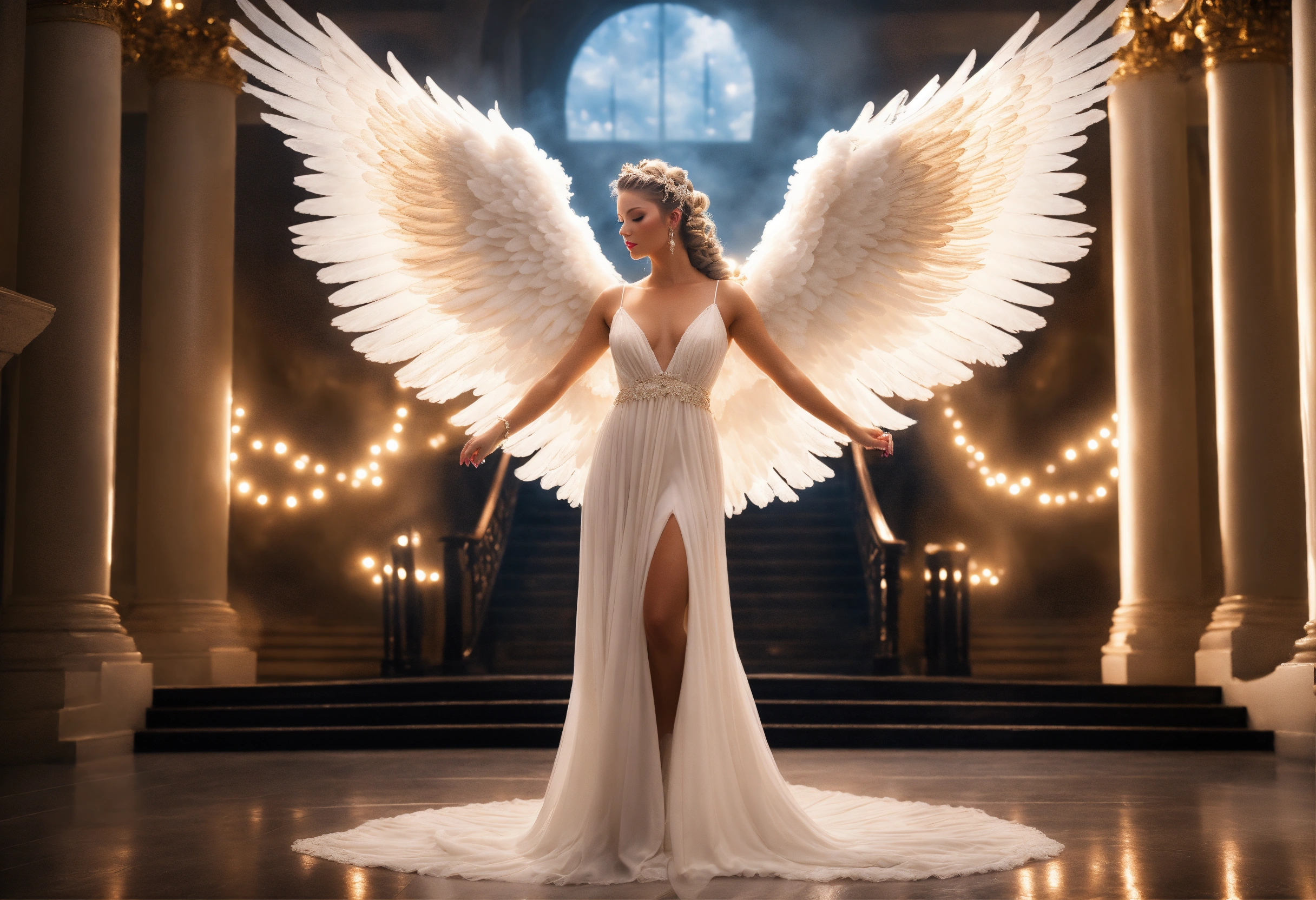 Lexica - Realistic A beautiful WHITE woman angel in all white flowy ...