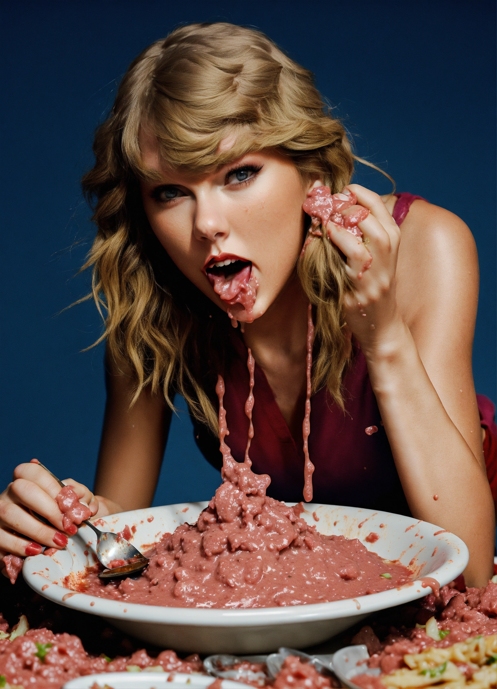 Lexica - Photo realistic shot of taylor swift eating a pile of slop ...