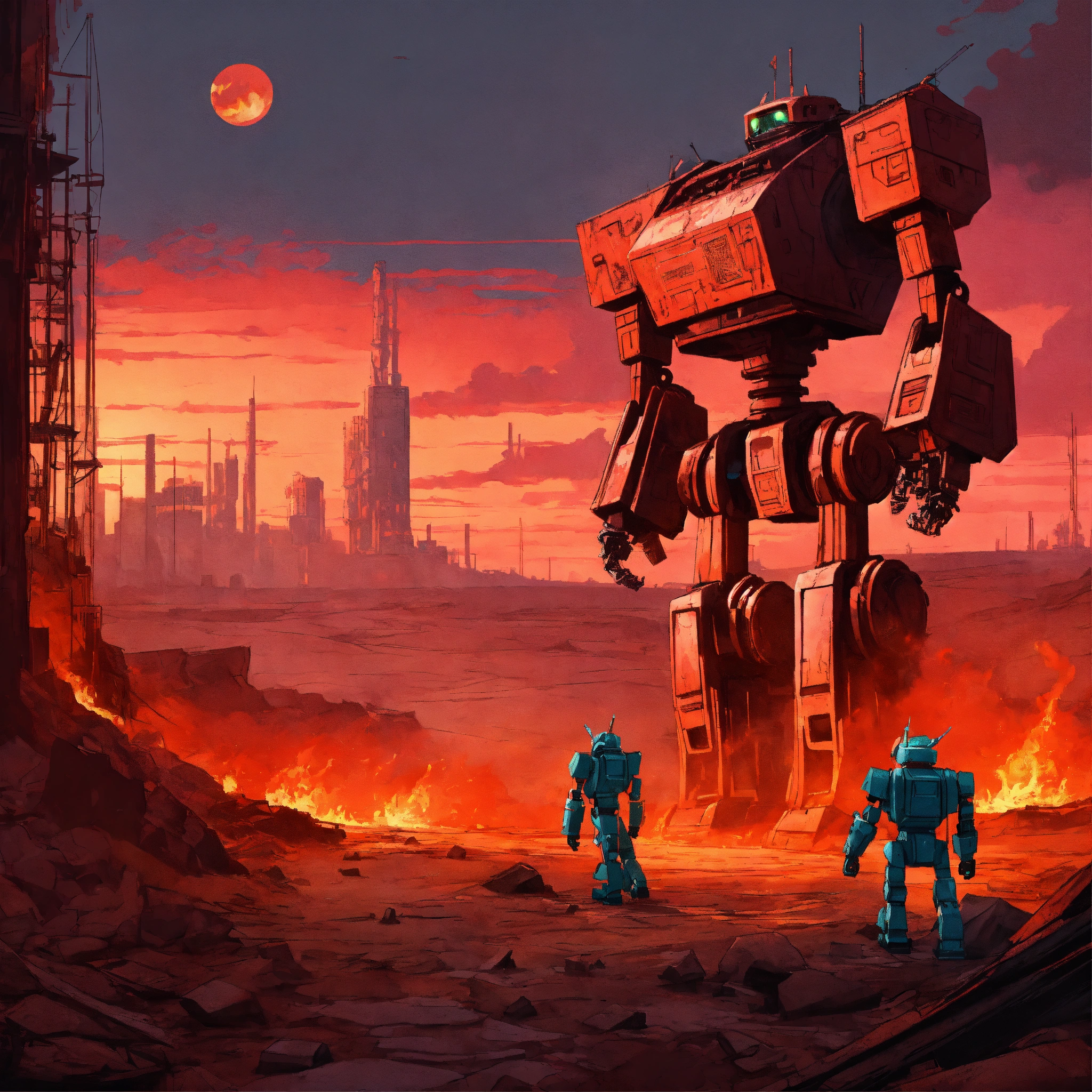 Lexica - Depict a cartoon-style landscape where two colossal robots ...