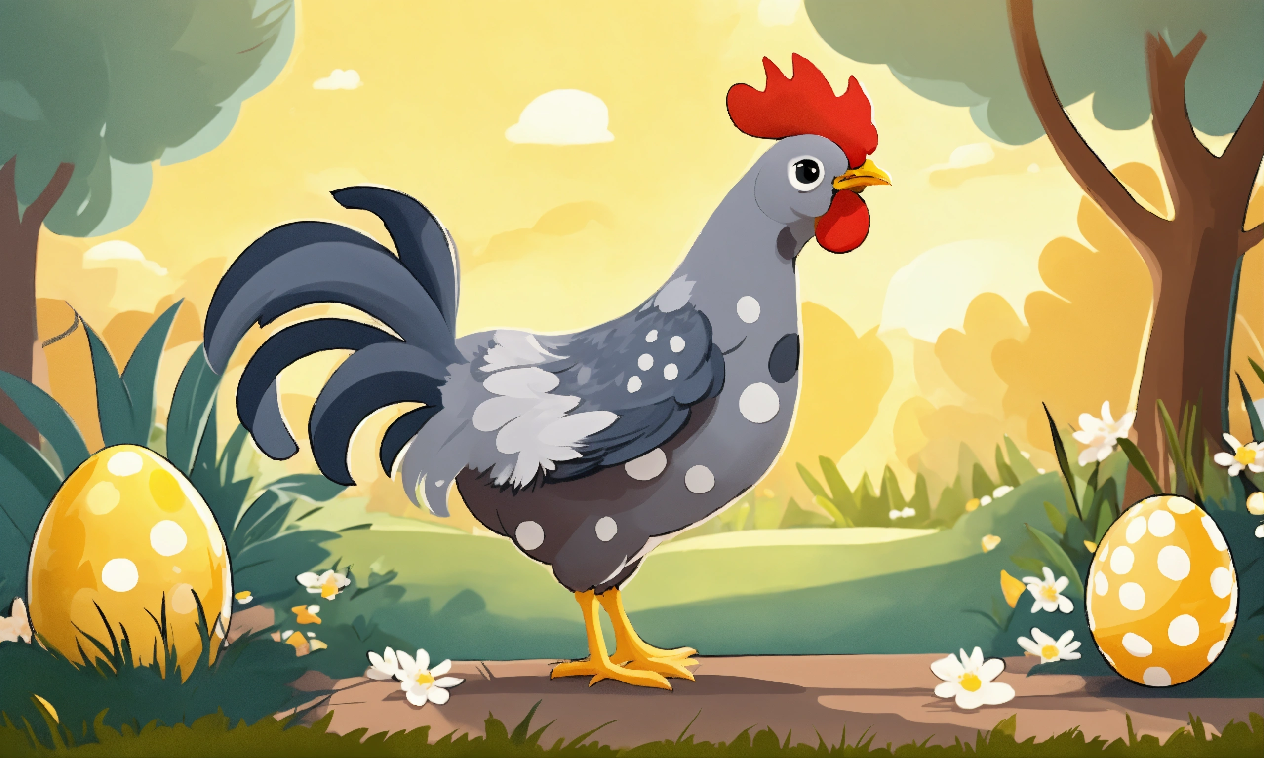 Lexica - Cartoon style cute gray chicken with white spots and a golden ...