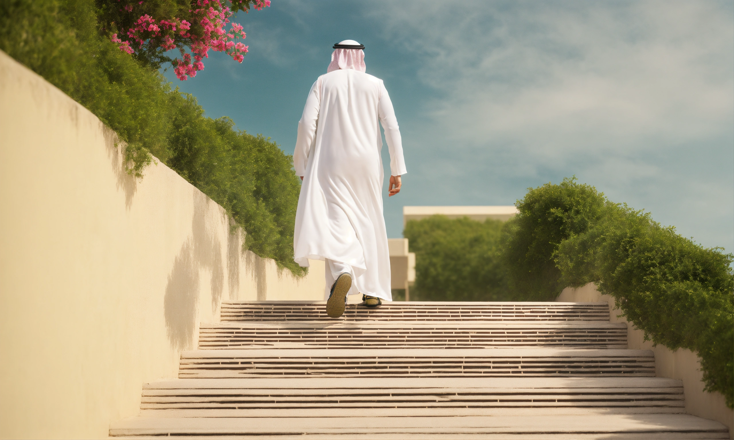Lexica - Saudi man climbing up six steps only, white costume, close up ...