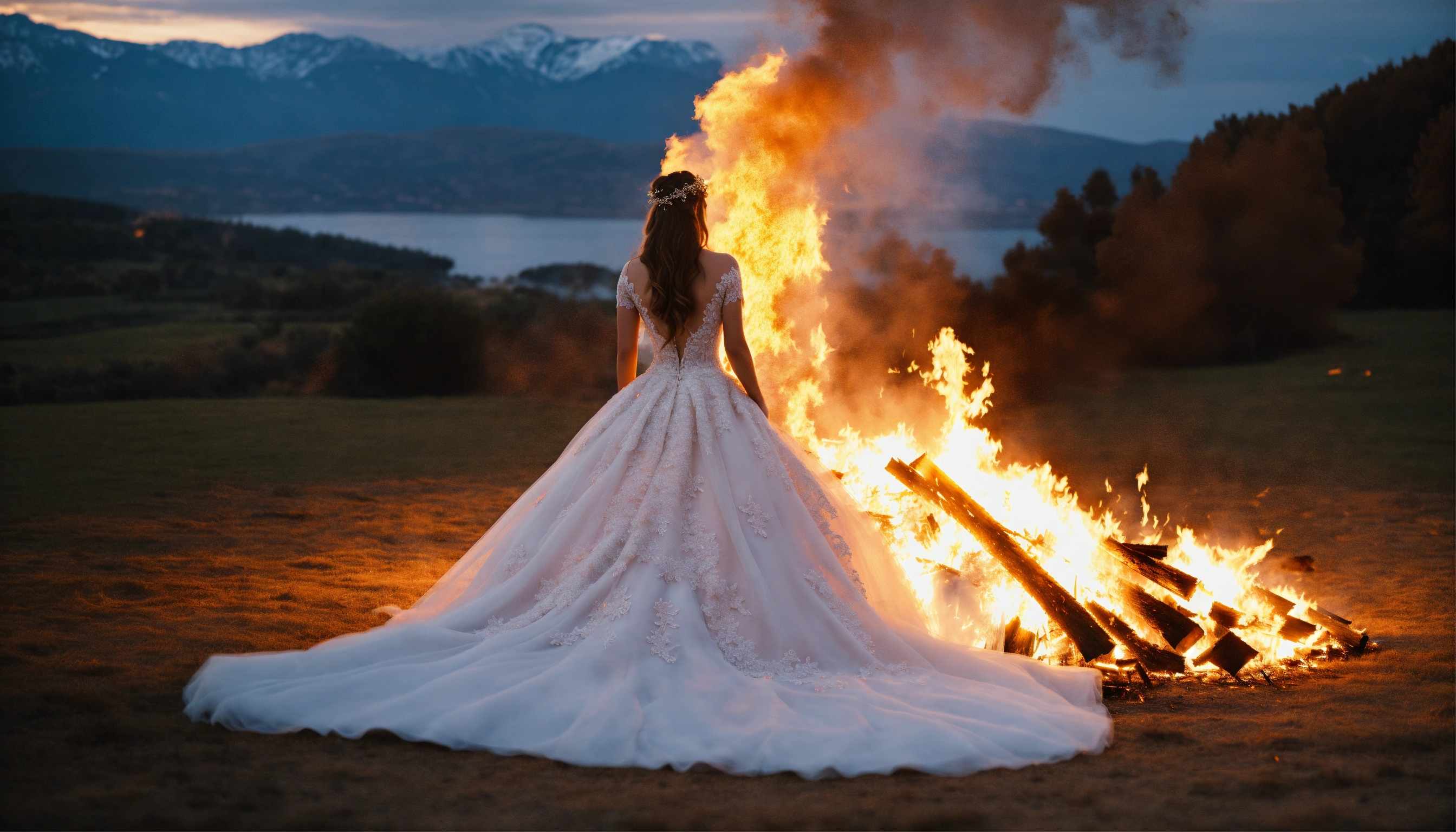 Lexica - A wedding dress burning in a bonfire, high quality, 8k, cinematic