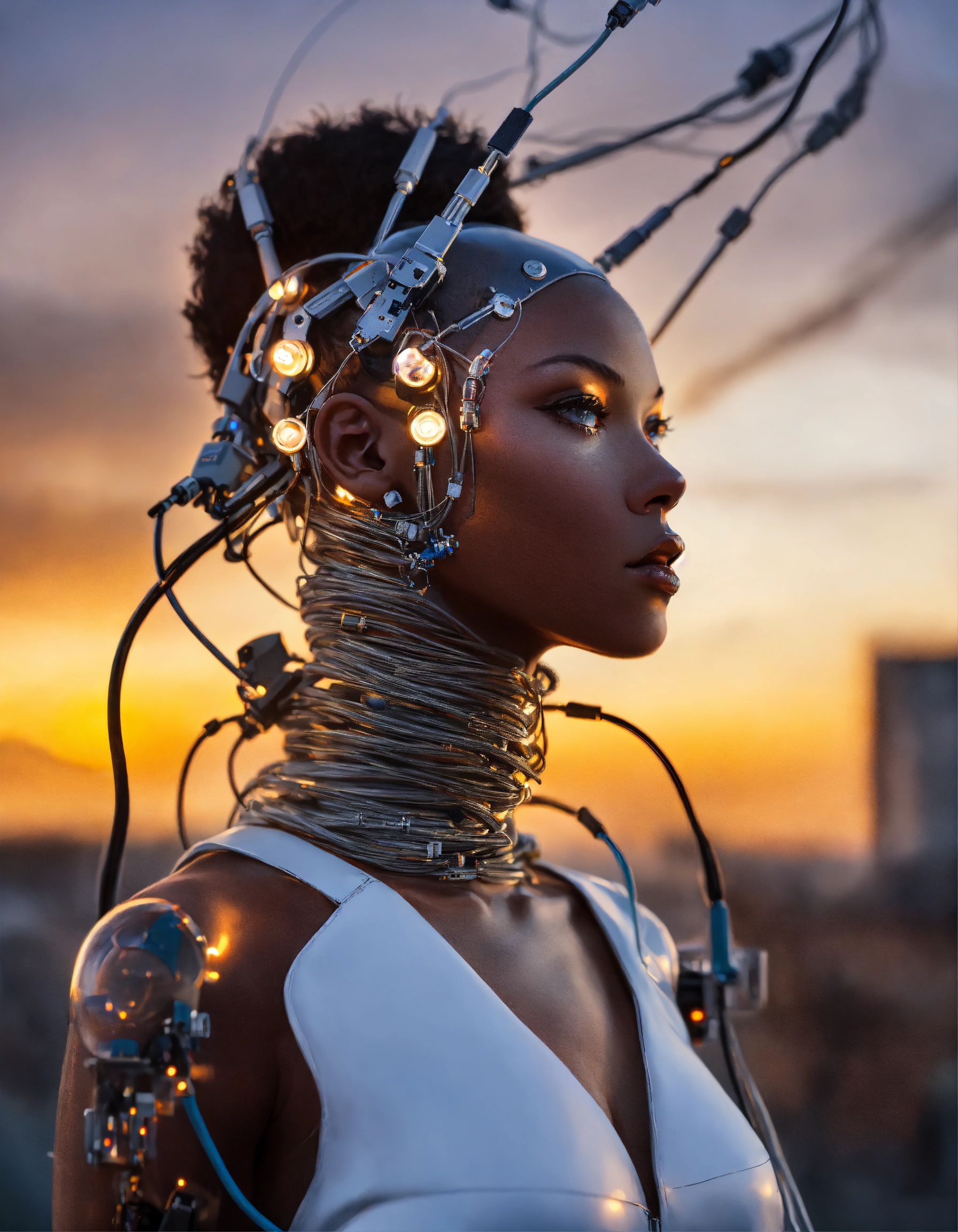 Lexica - Portrait Photography, in front of a sunset, a black cyborg ...