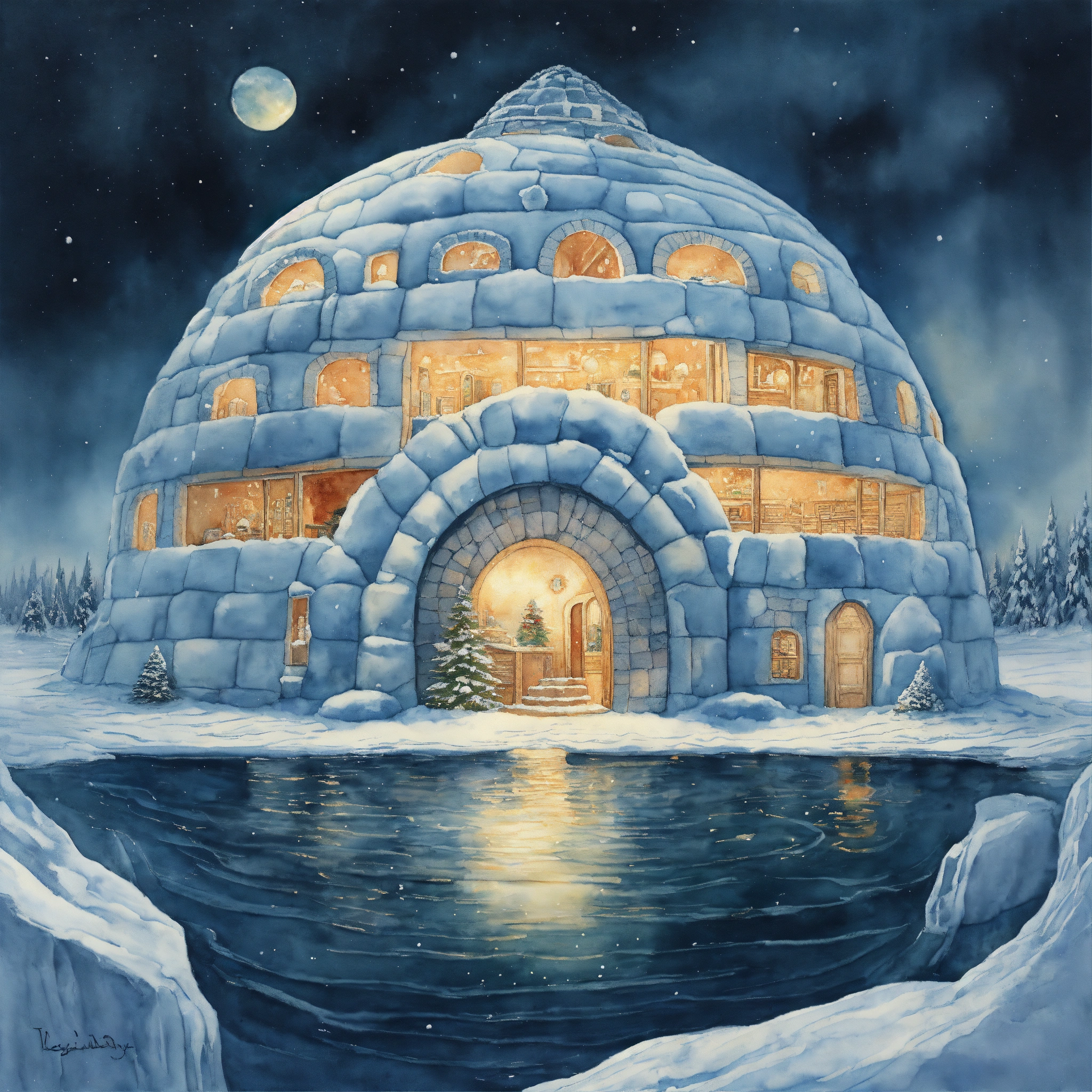 Lexica - A watercolor painting depicting an intricately detailed igloo ...